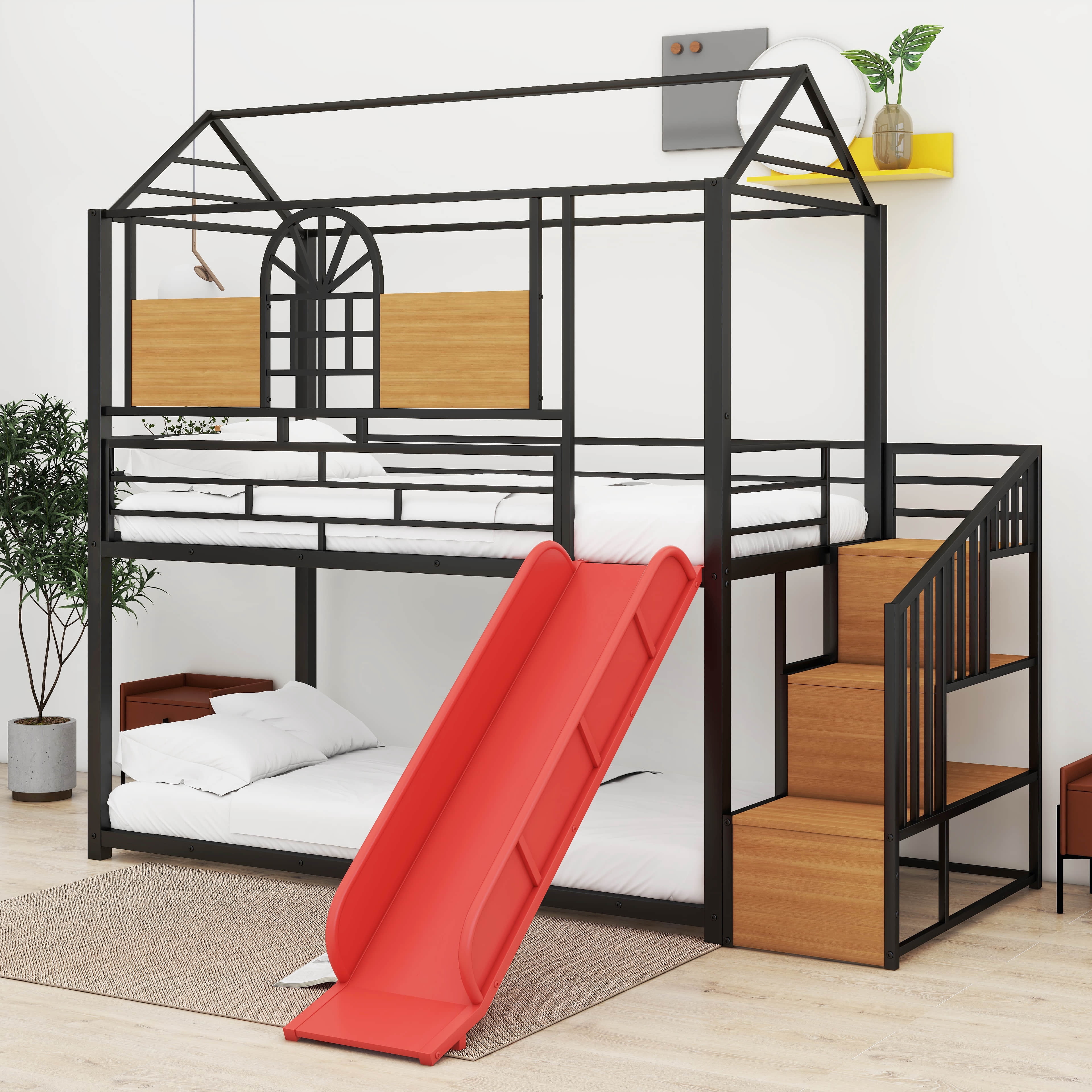 Runforrrs Twin Over Twin Metal Bunk Bed with Slide and Storage Stair ...