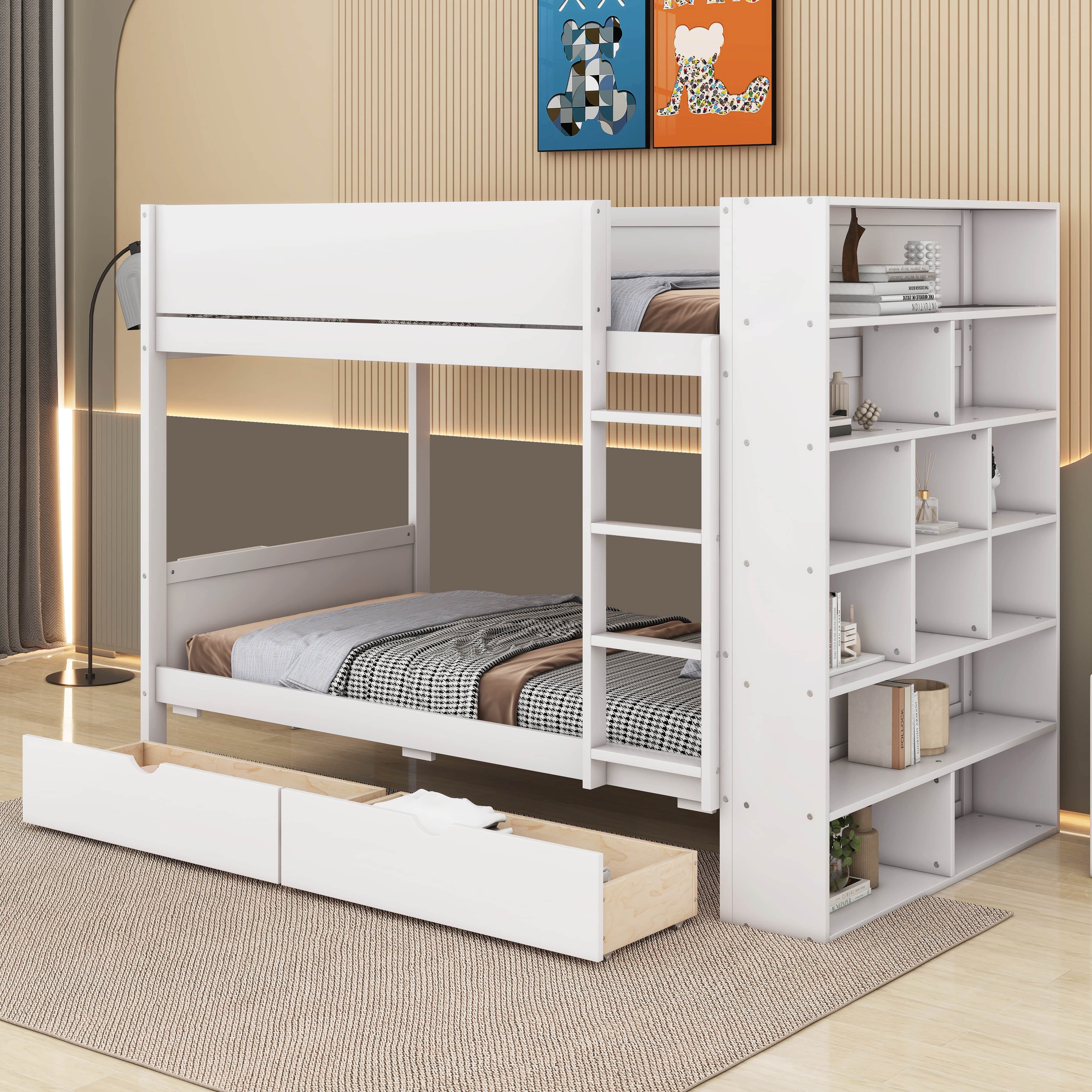 Runforrrs Twin Size Bunk Bed with 2 Drawers and Multi-layer Cabinet ...