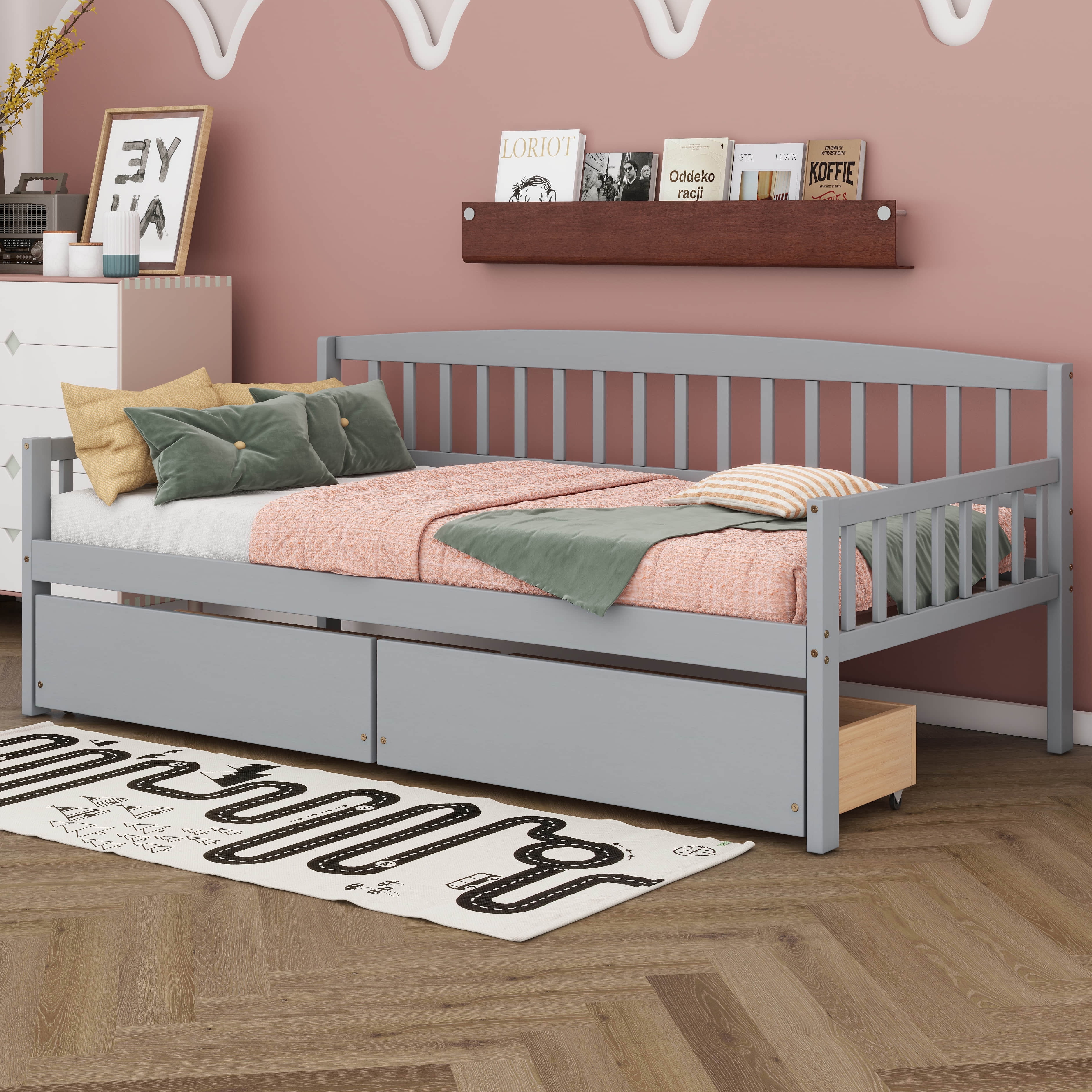 Runforrrs Twin Size Daybed with Two Storage Drawers, Wood Slats Support ...