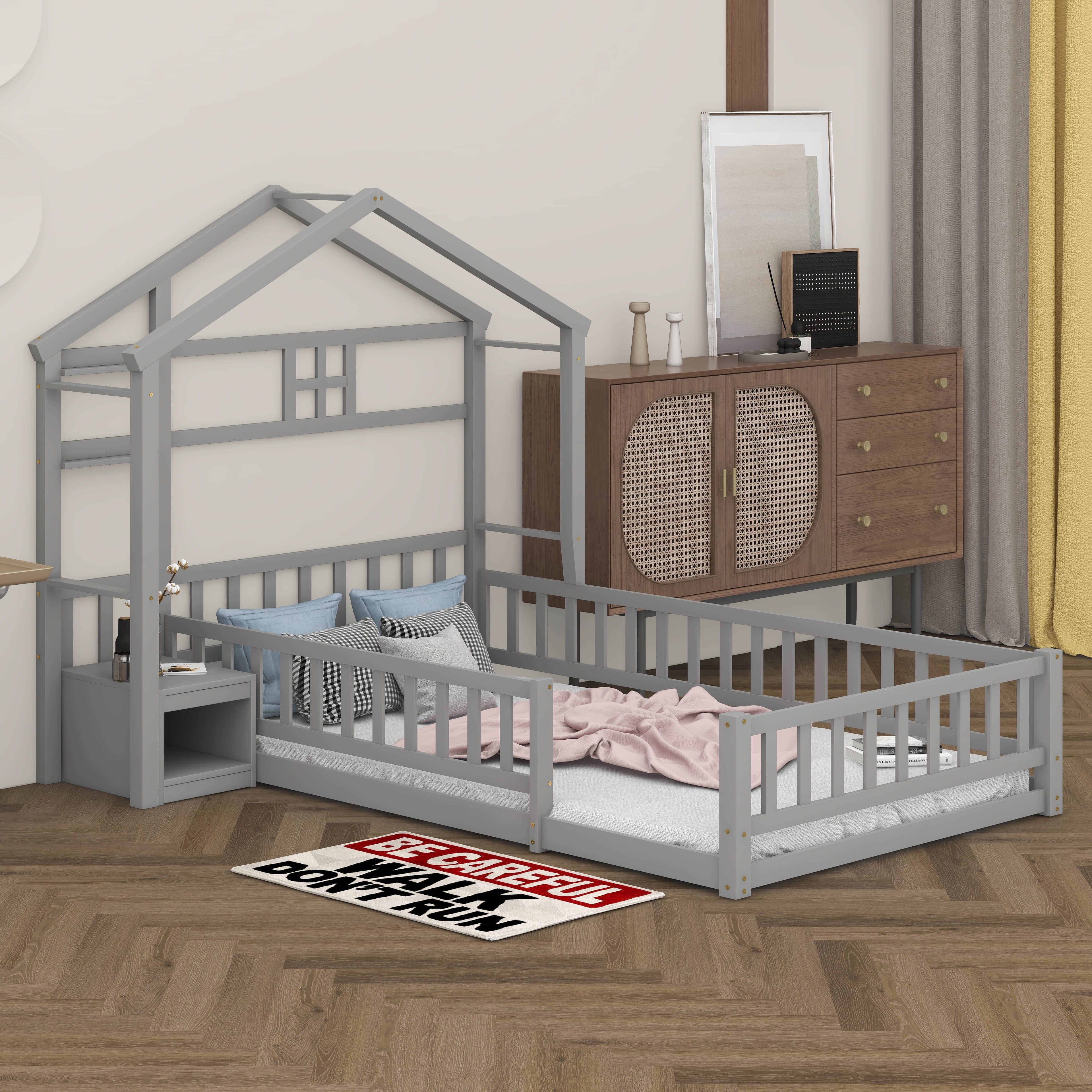 Runforrrs Twin Size Gray Color House Shape Headboard Floor Bed with ...