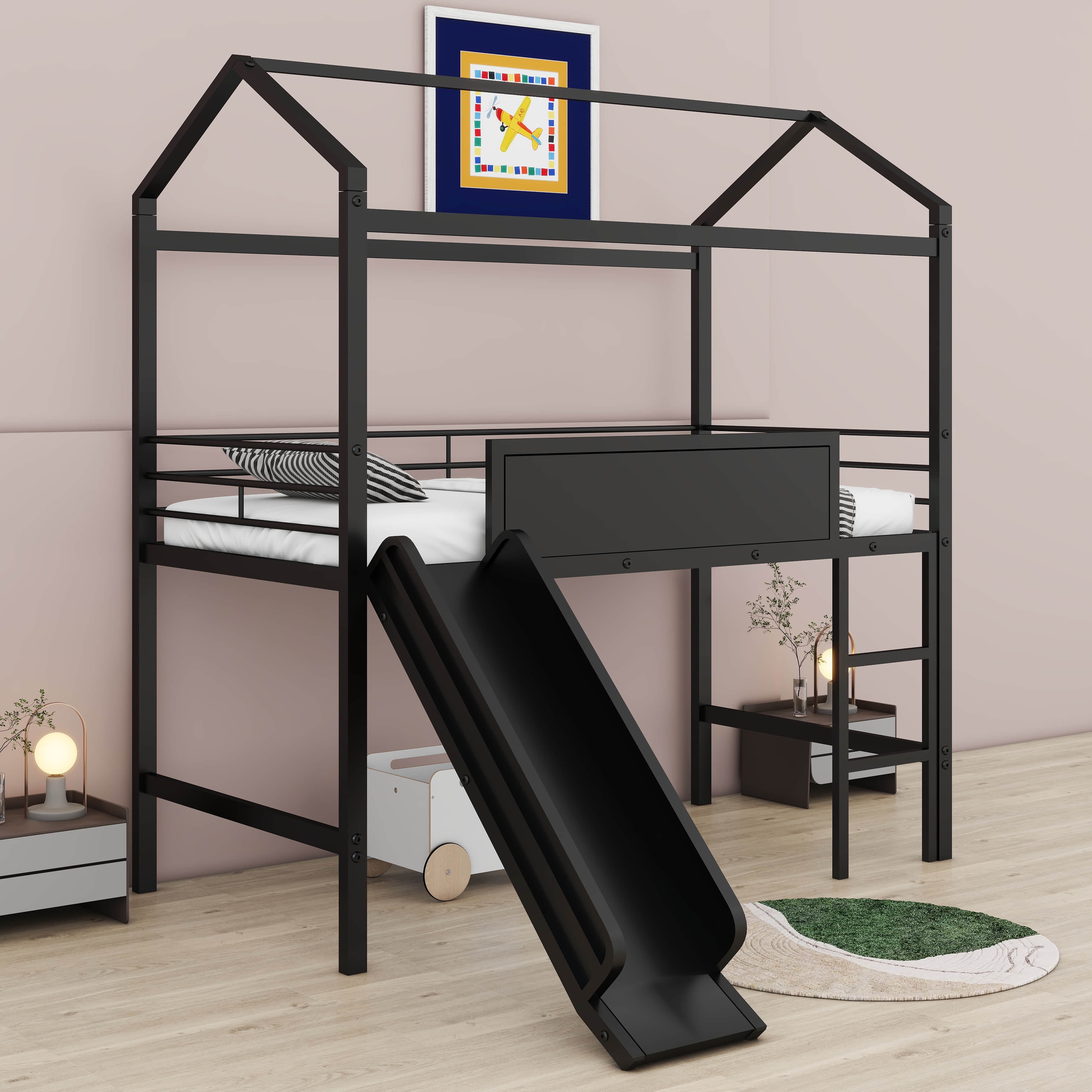 Runforrrs Twin Size House Metal Loft Bed with Slide ,Stairs and Double ...