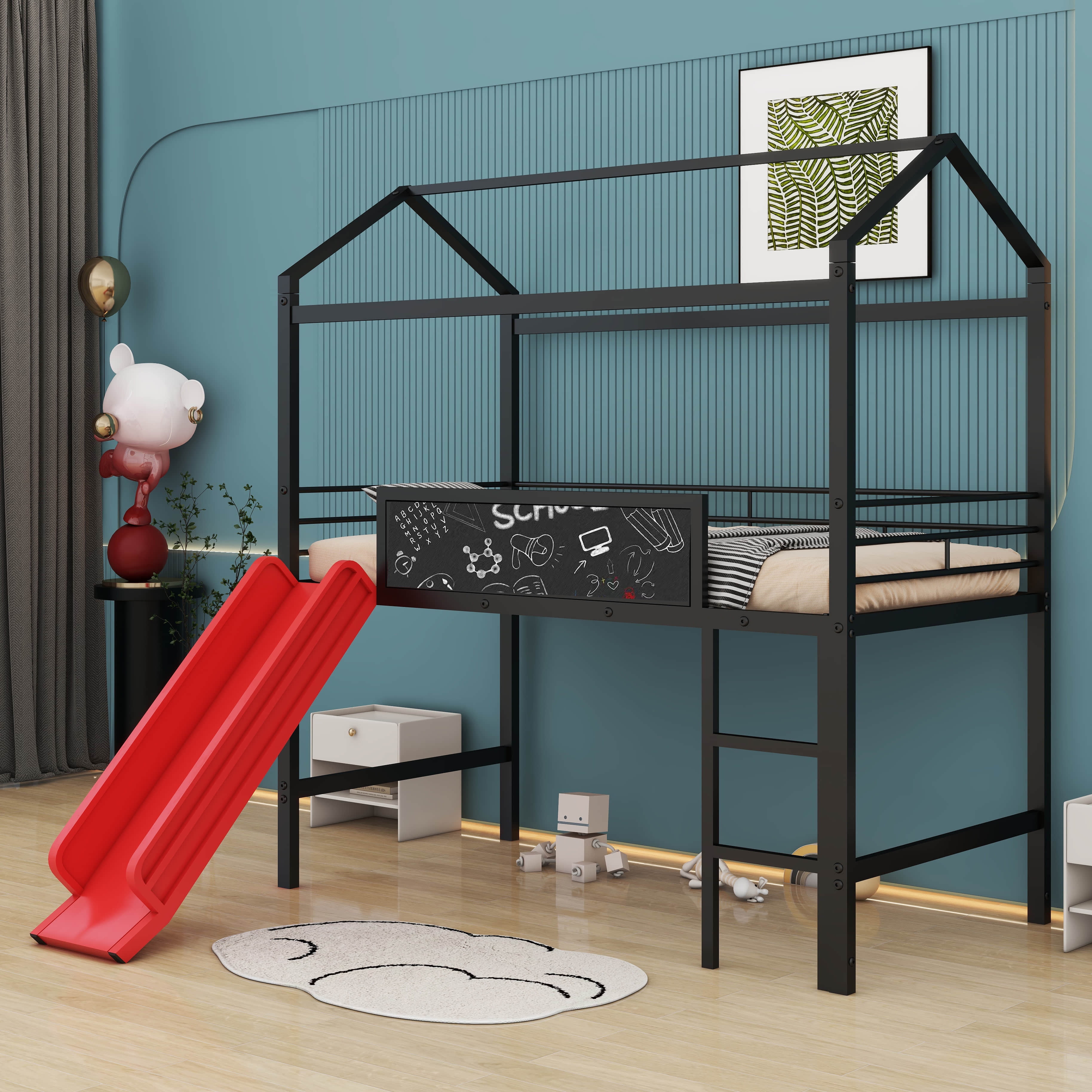 Runforrrs Twin Size House Metal Loft Bed with Slide ,Stairs and Double ...
