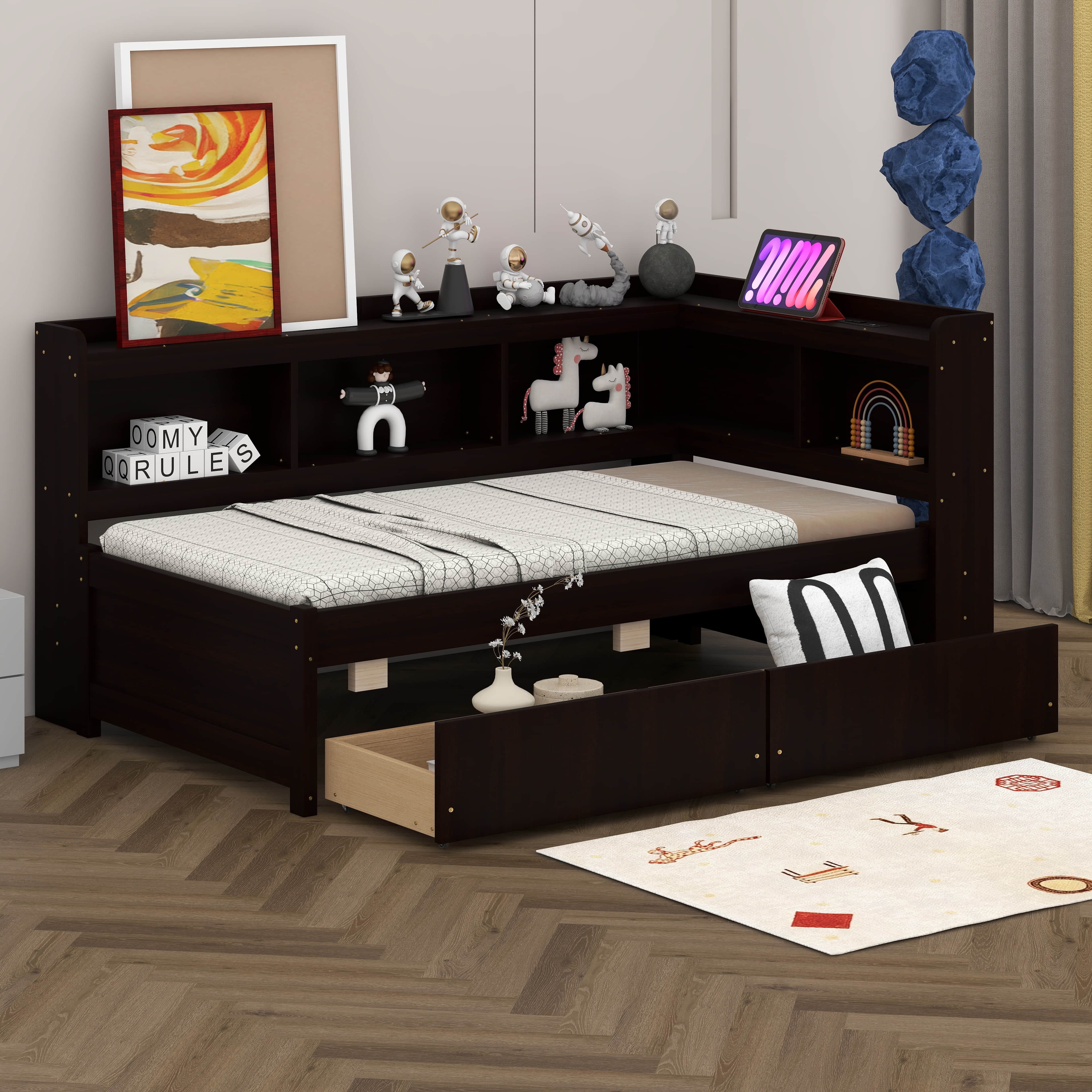 Runforrrs Twin Size L-shaped Espresso Color Bookcases Bed with Power ...