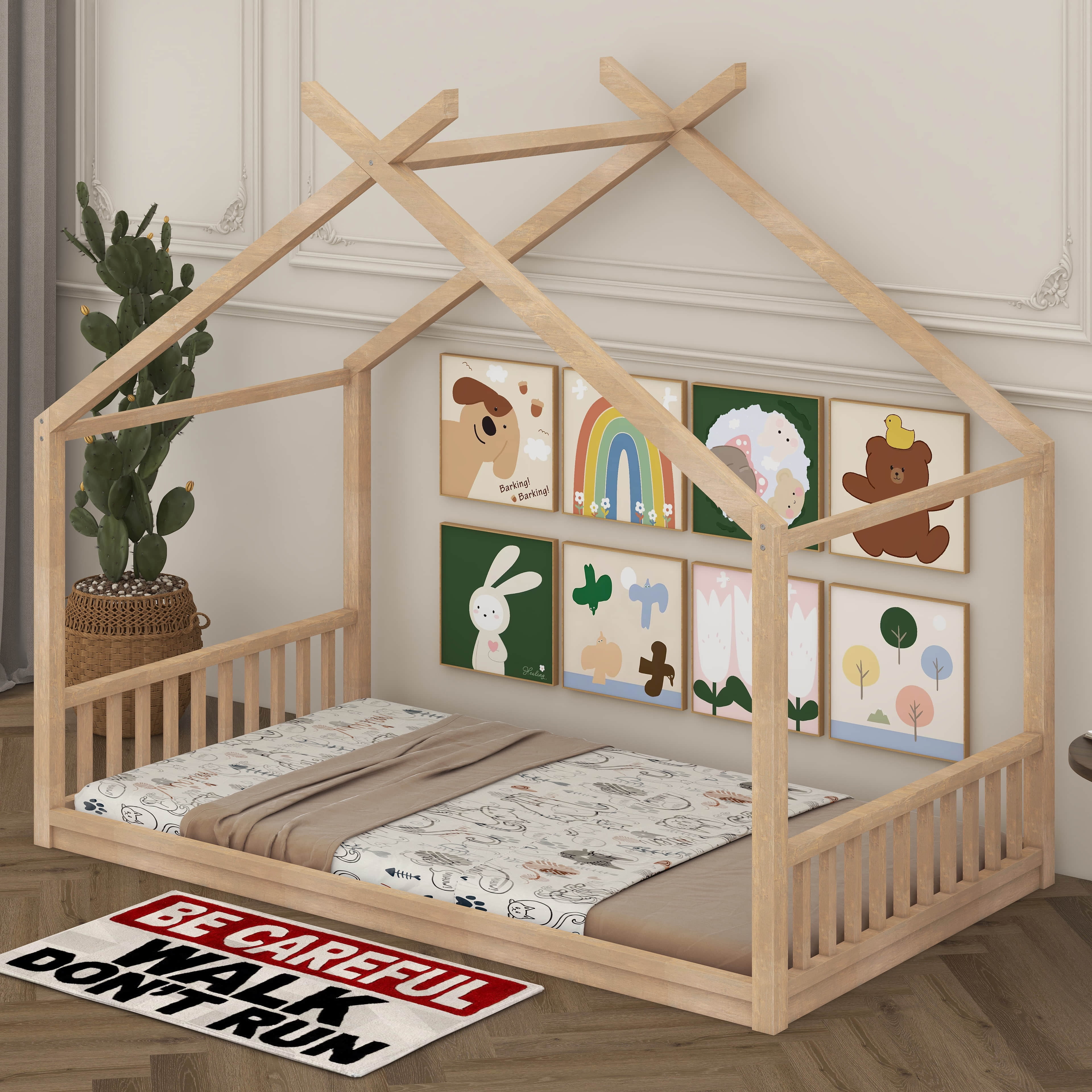 Runforrrs Twin Size Natural Color Bed for Kids, Wooden Fence Floor Bed ...