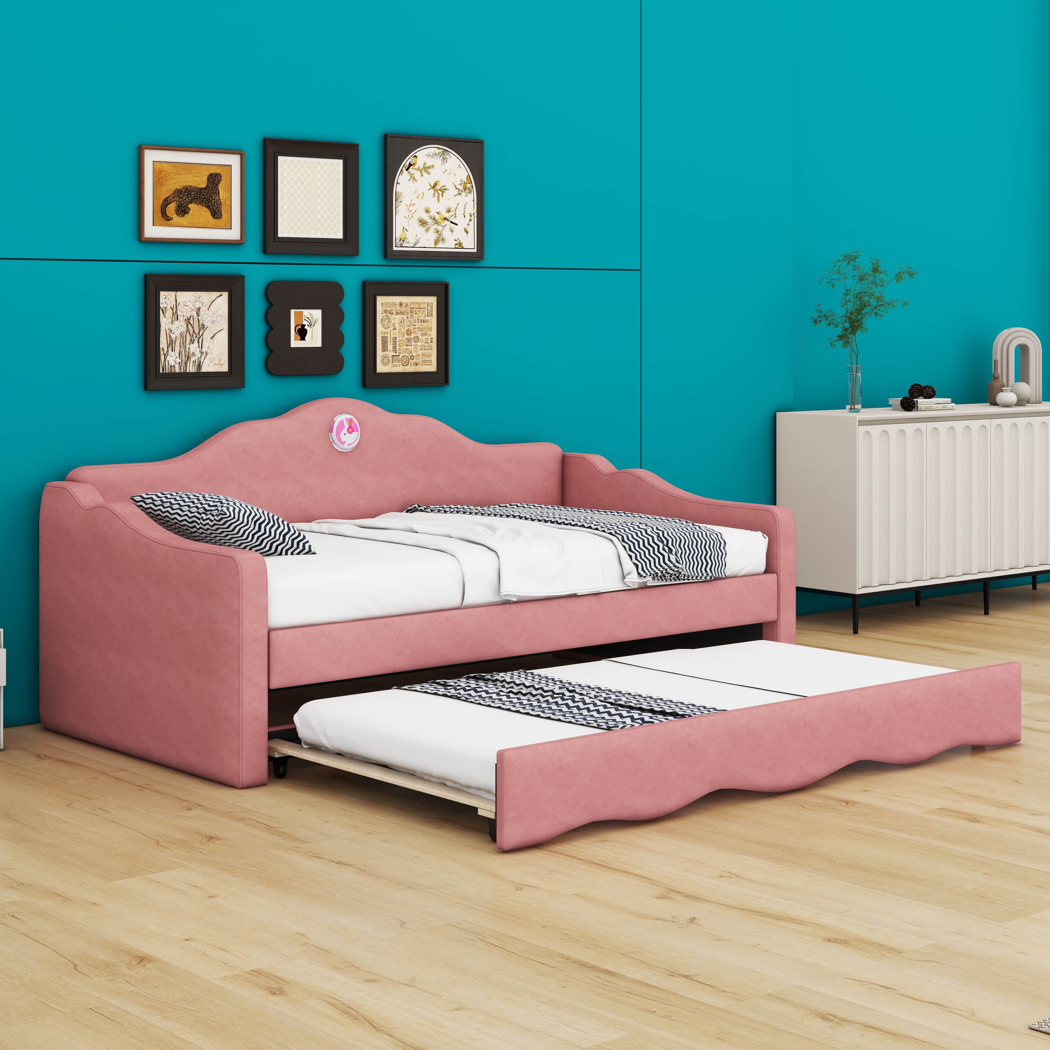 Runforrrs Twin Size Pink Color Velvet Upholstered Daybed with Wave ...