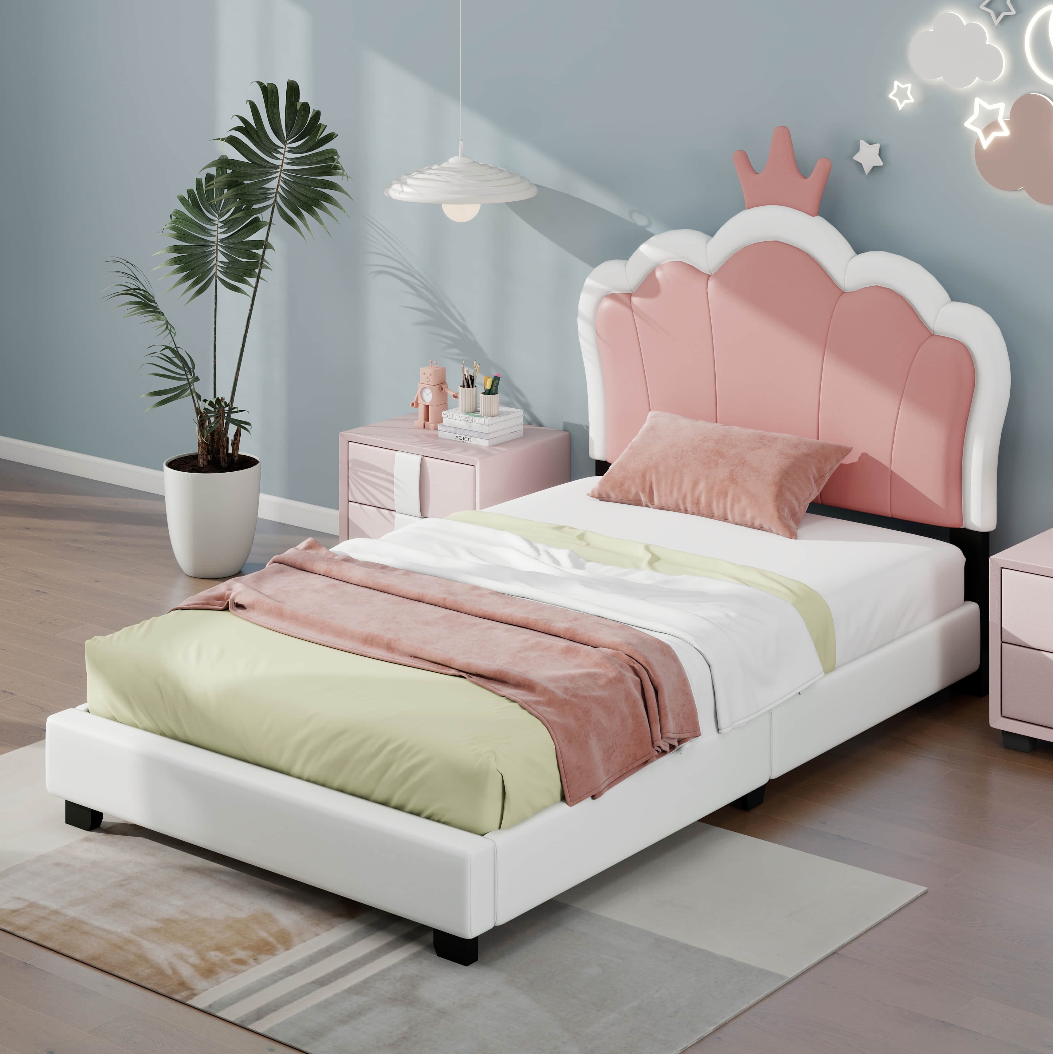 Runforrrs Twin Size Upholstered Princess Bed with Crown Headboard, Twin ...