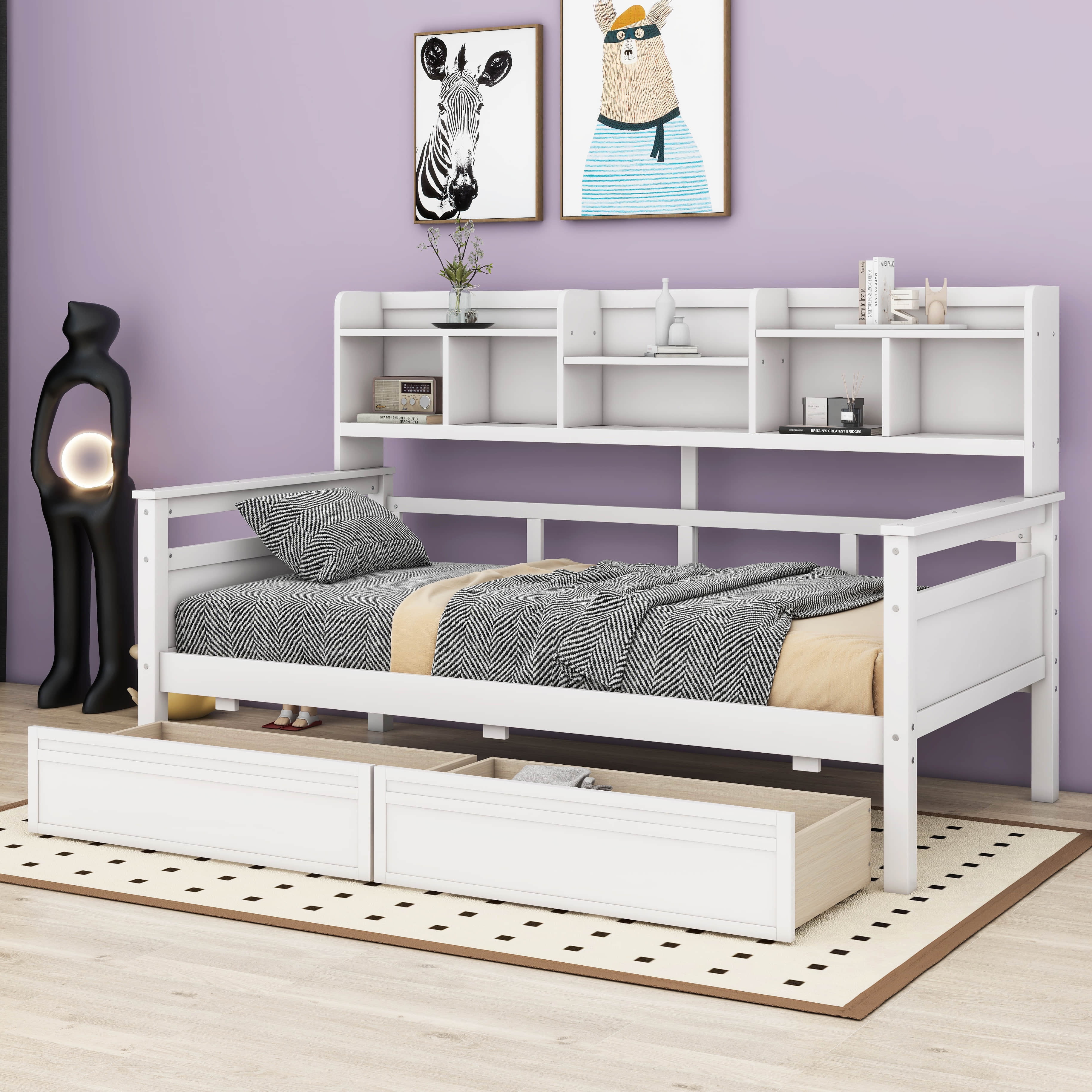Runforrrs Twin Size White Color Daybed with Bedside Shelves and Two Drawers, Wood Slat Support ...