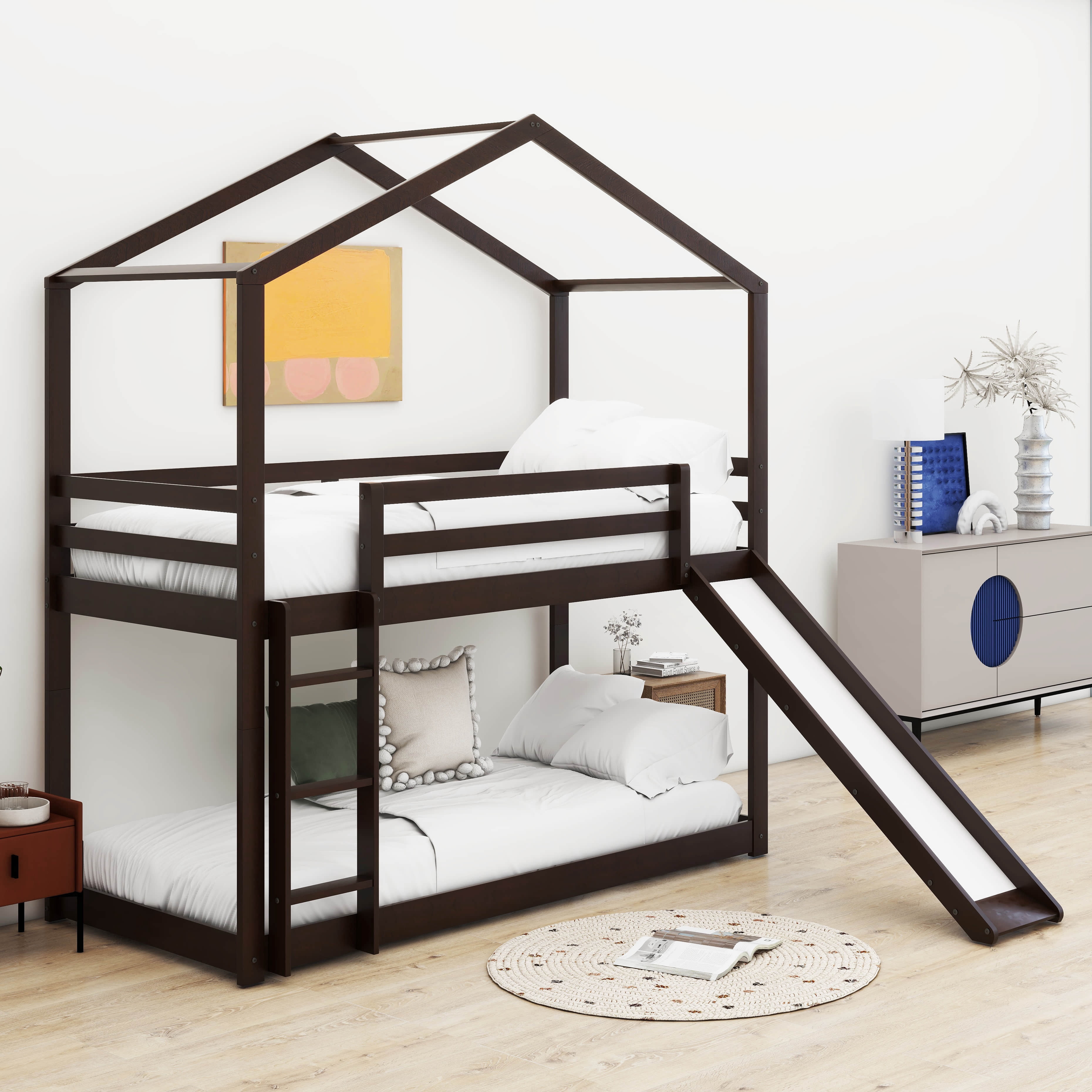 Runforrrs Wooden Espresso Color Twin Over Twin Bunk Bed with Roof ...