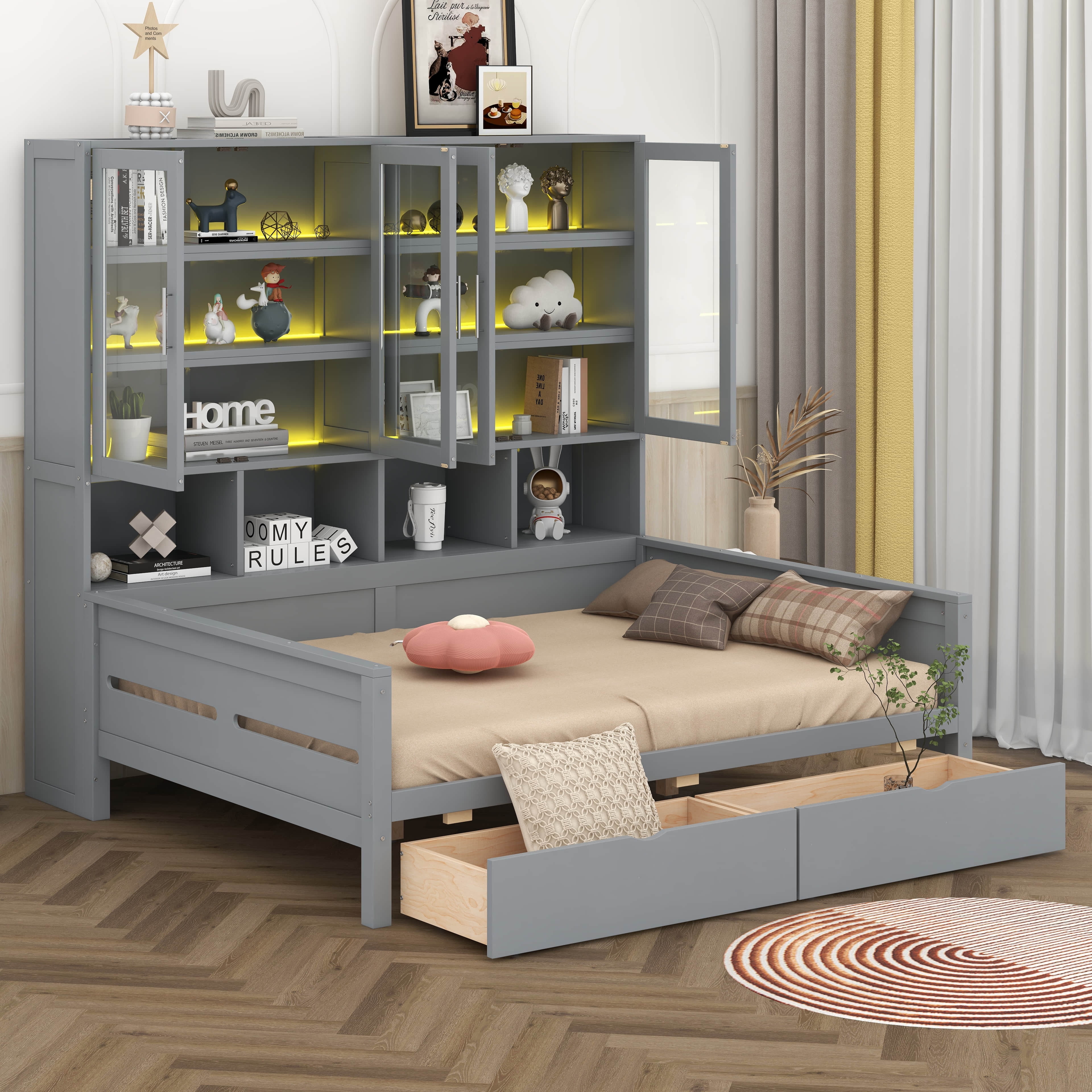 Runforrrs Wooden Full Size Gray Color Daybed with Glass-Door Storage ...