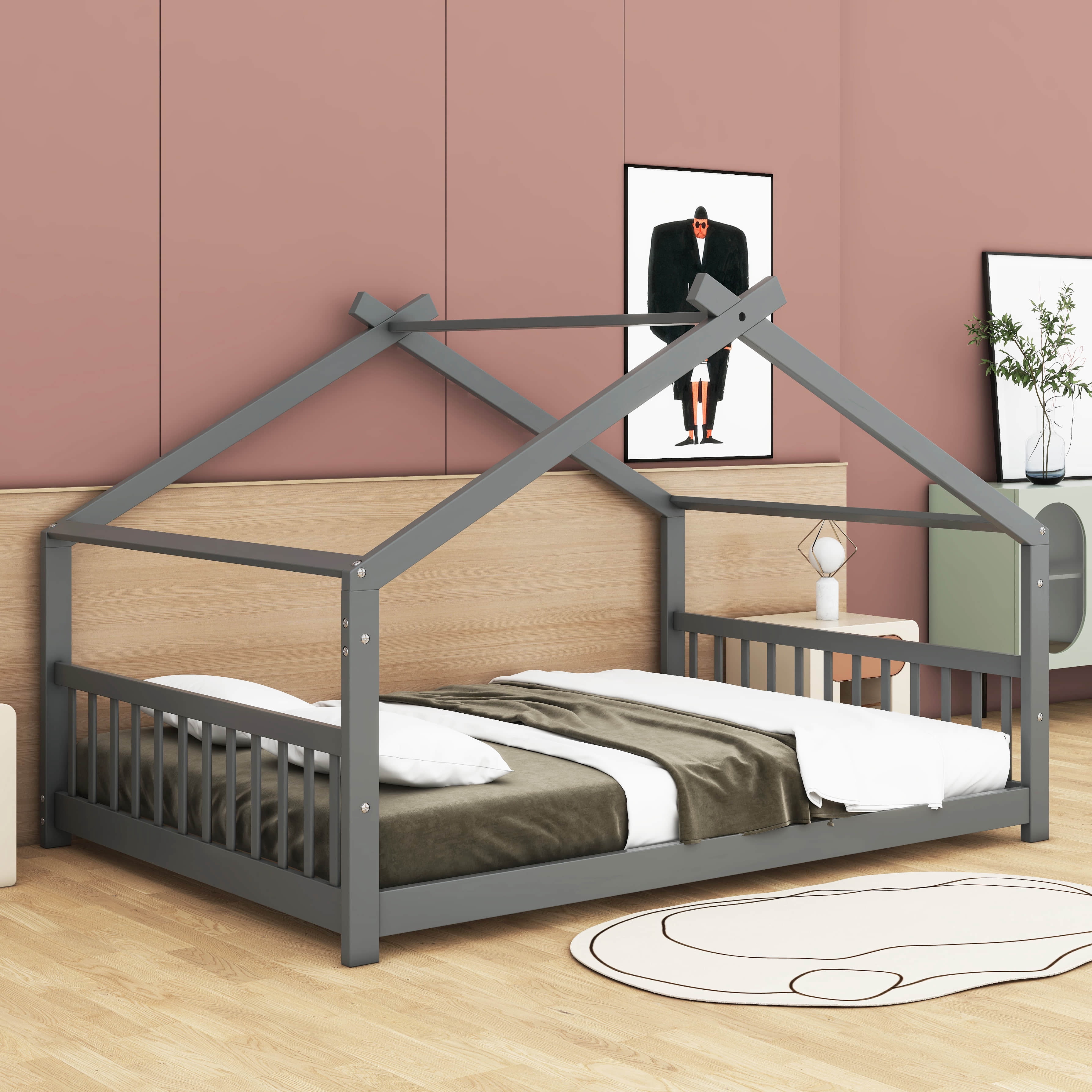 Runforrrs Wooden Full Size House Bed, Gray Color - Walmart.com