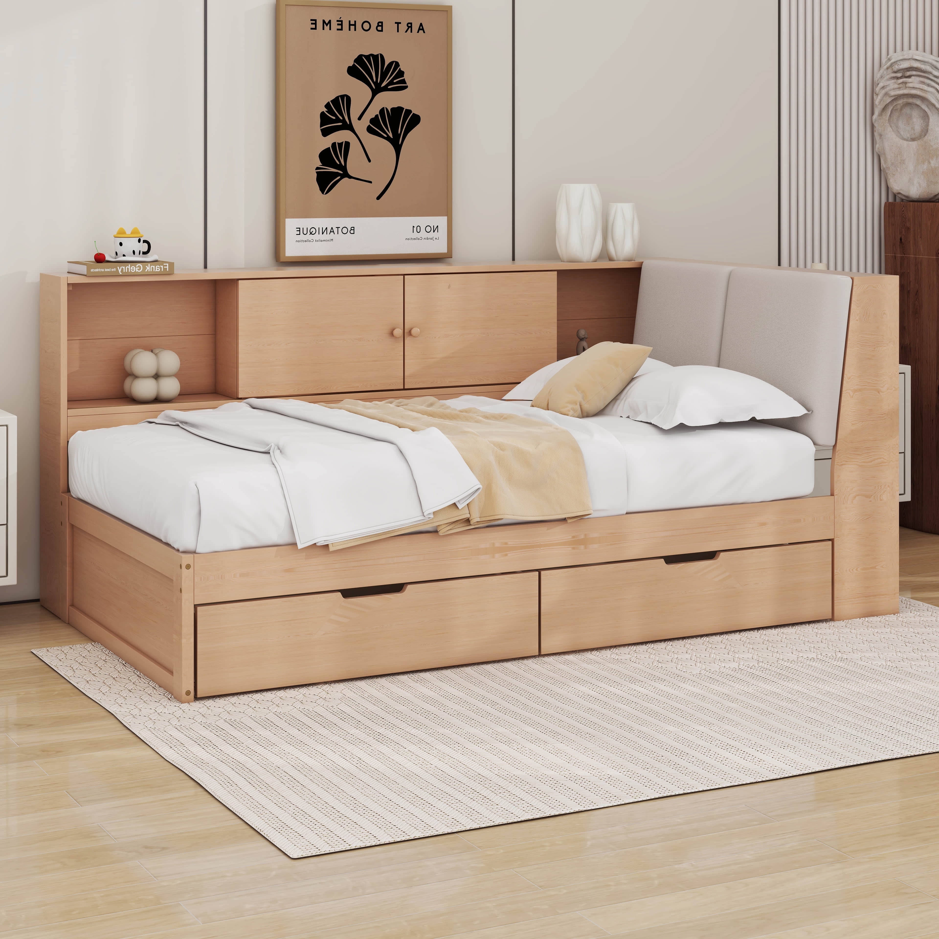 Runforrrs Wooden Full Size L-shaped Floor Corner Daybed with Storage ...