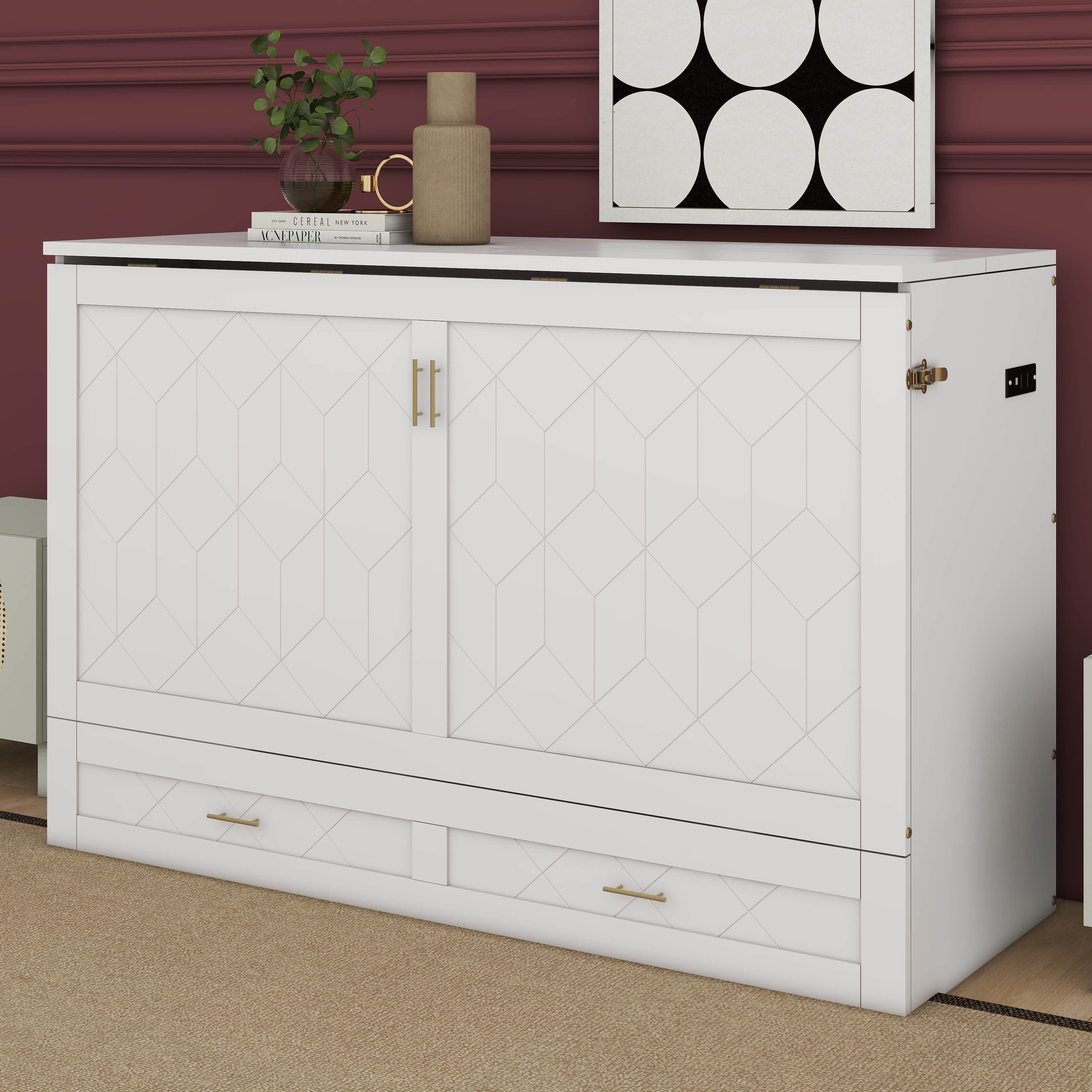 Runforrrs Wooden Full Size White Color Murphy Wall Bed with Drawers and ...