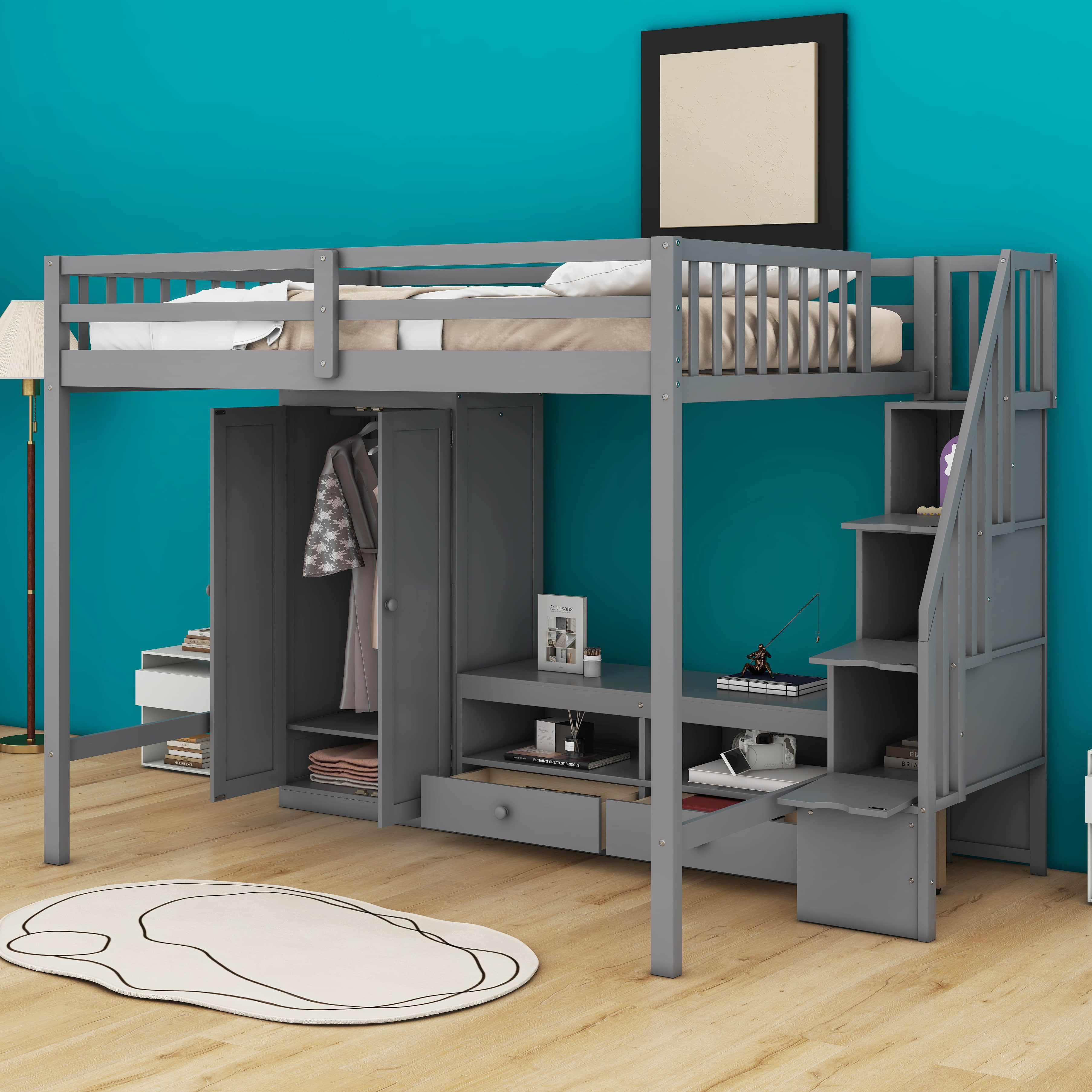 Runforrrs Wooden Gray Color Full Size Loft Bed Frame, Armoire, Low ...