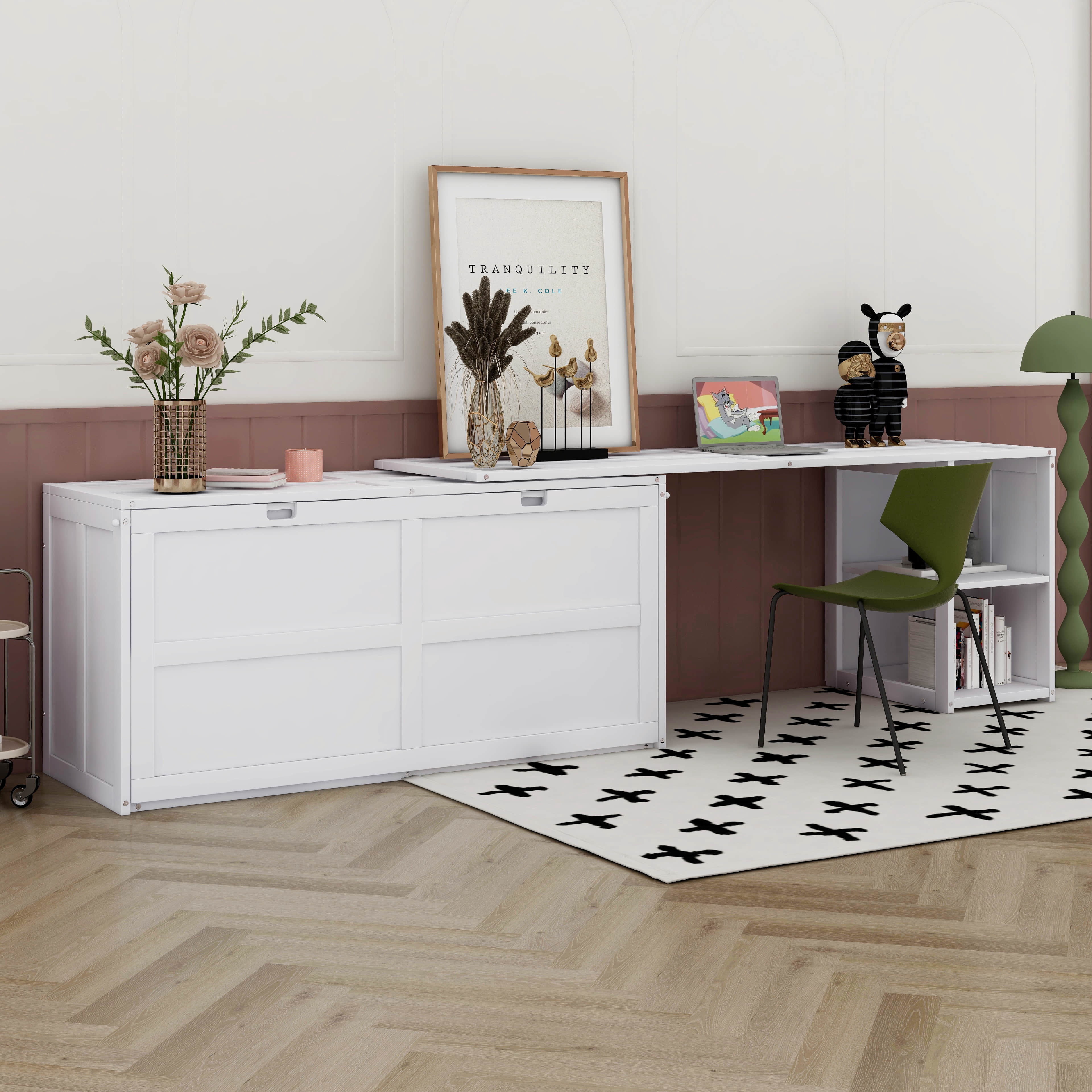 Runforrrs Wooden Queen Size Murphy Bed with SRotable Desk, White ...
