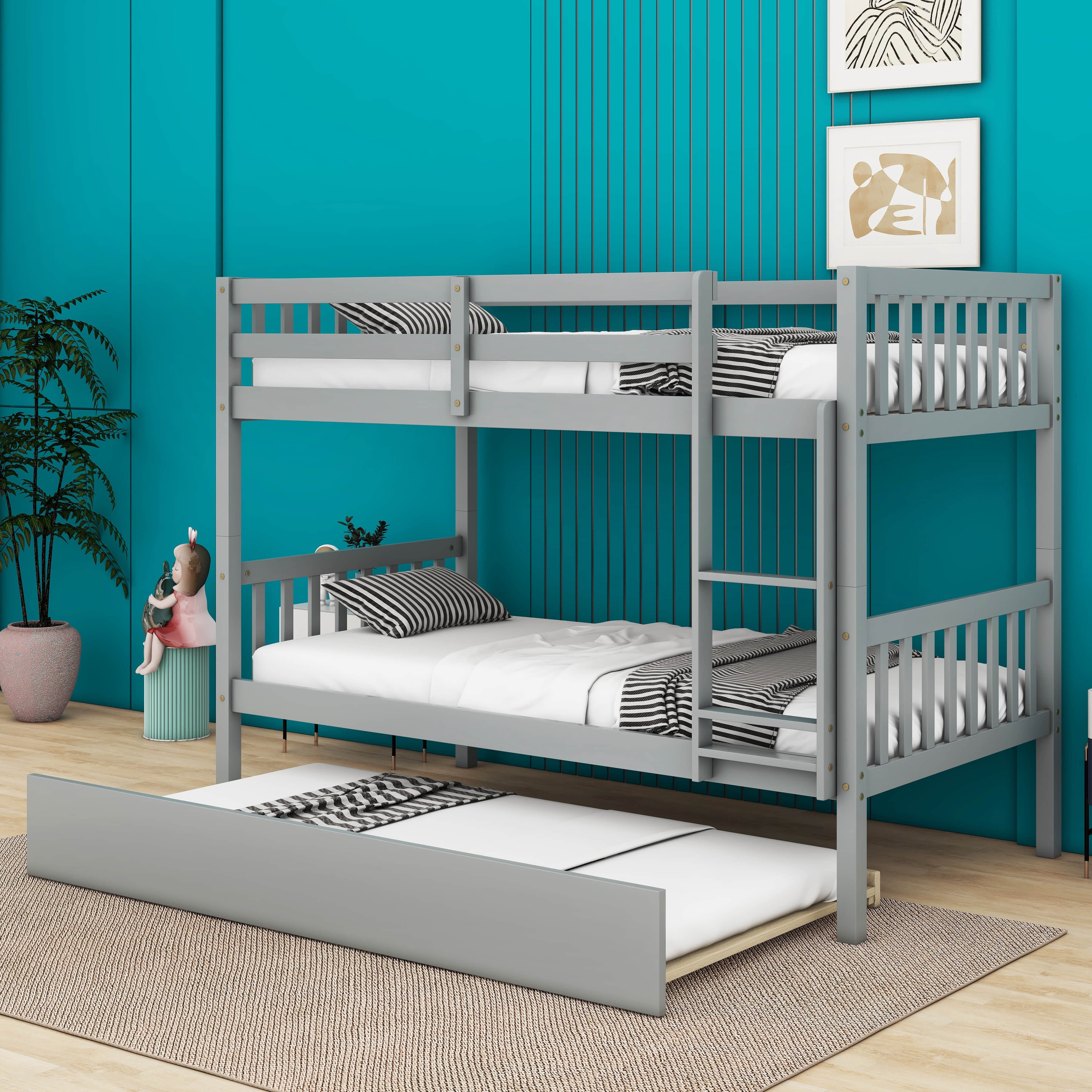 Runforrrs Wooden Twin Over Twin Size Bunk Bed with Trundle, Ladder and ...