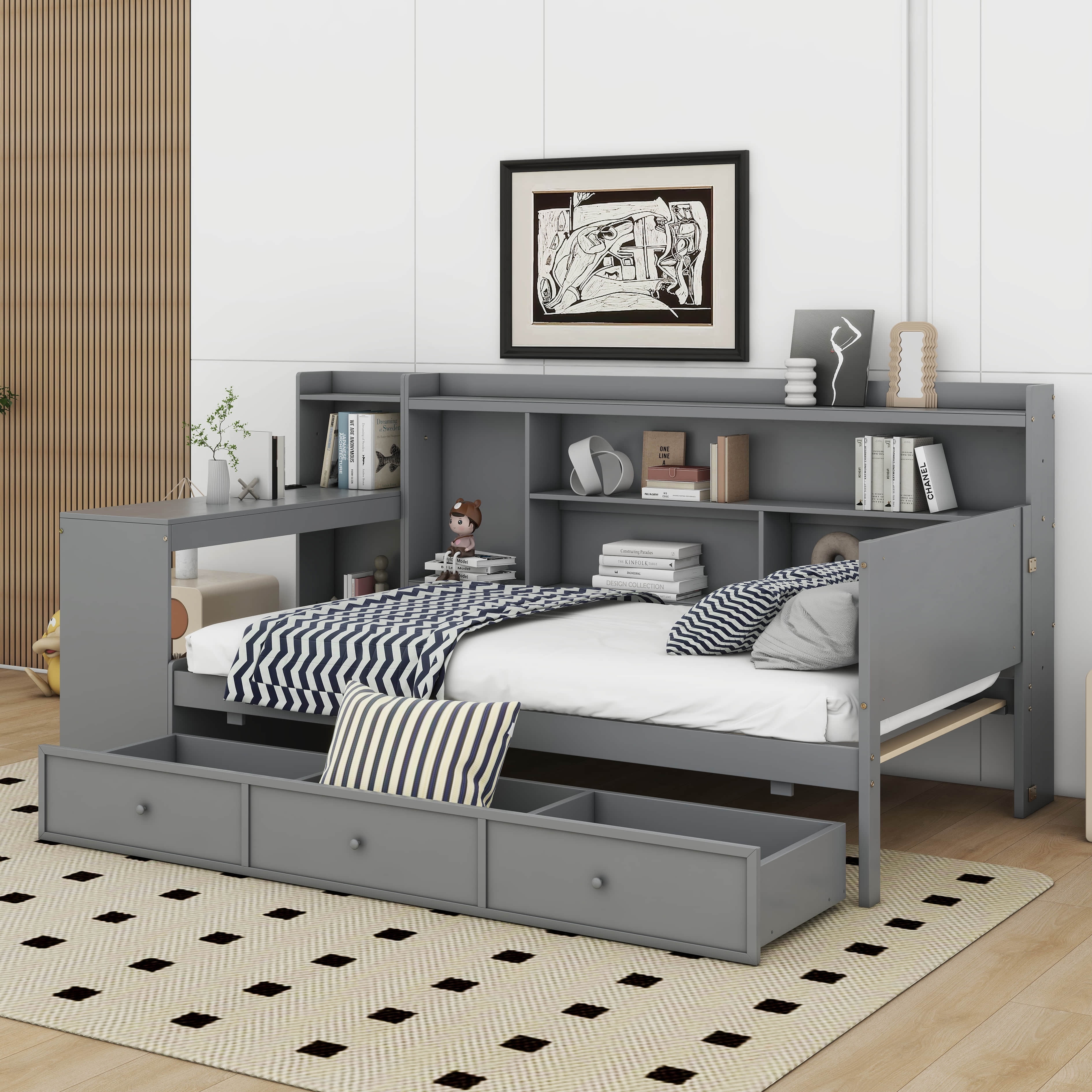 Runforrrs Wooden Twin Size Gray Color Daybed With 3 Drawers, USB Ports ...