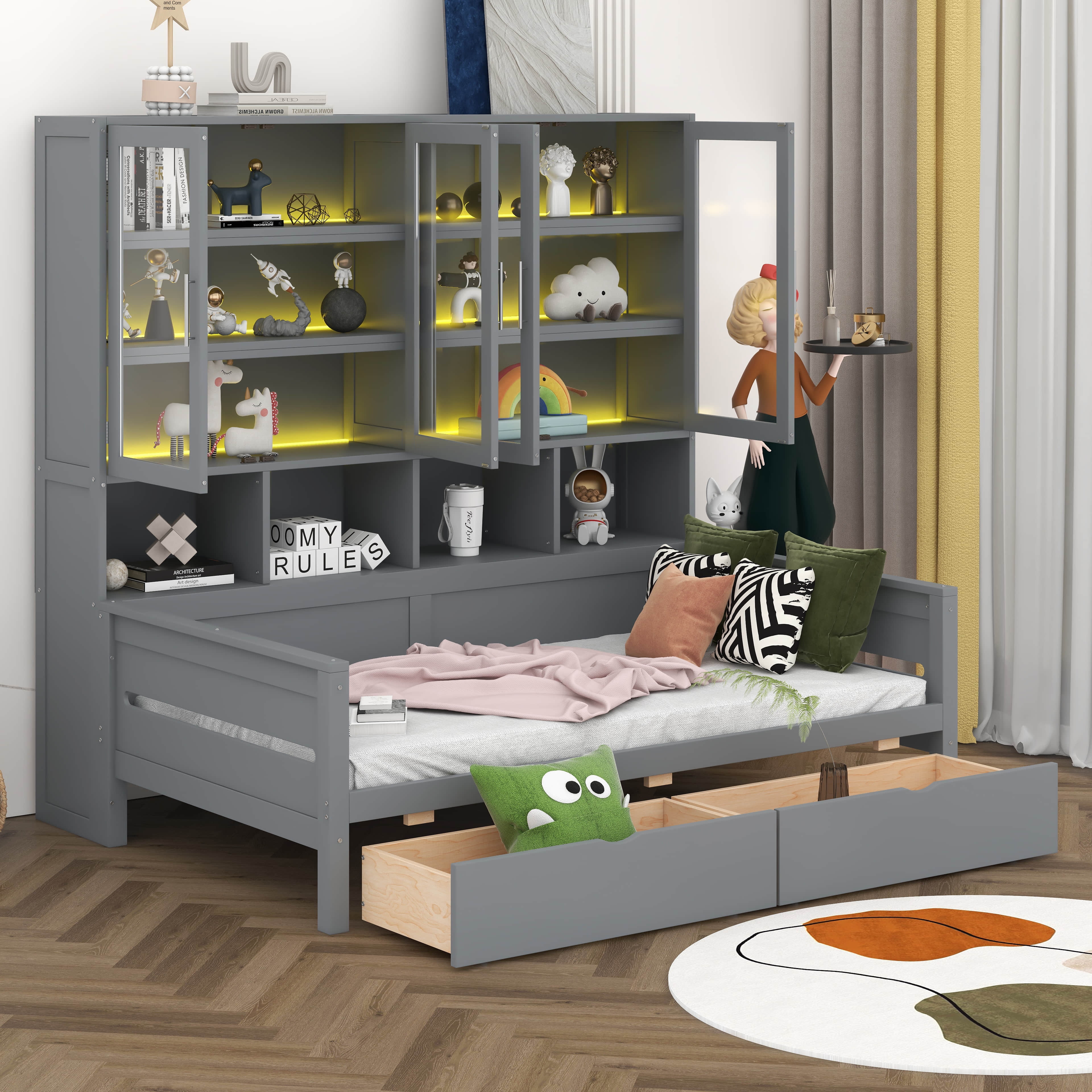 Runforrrs Wooden Twin Size Gray Color Daybed with Glass-Door Storage ...