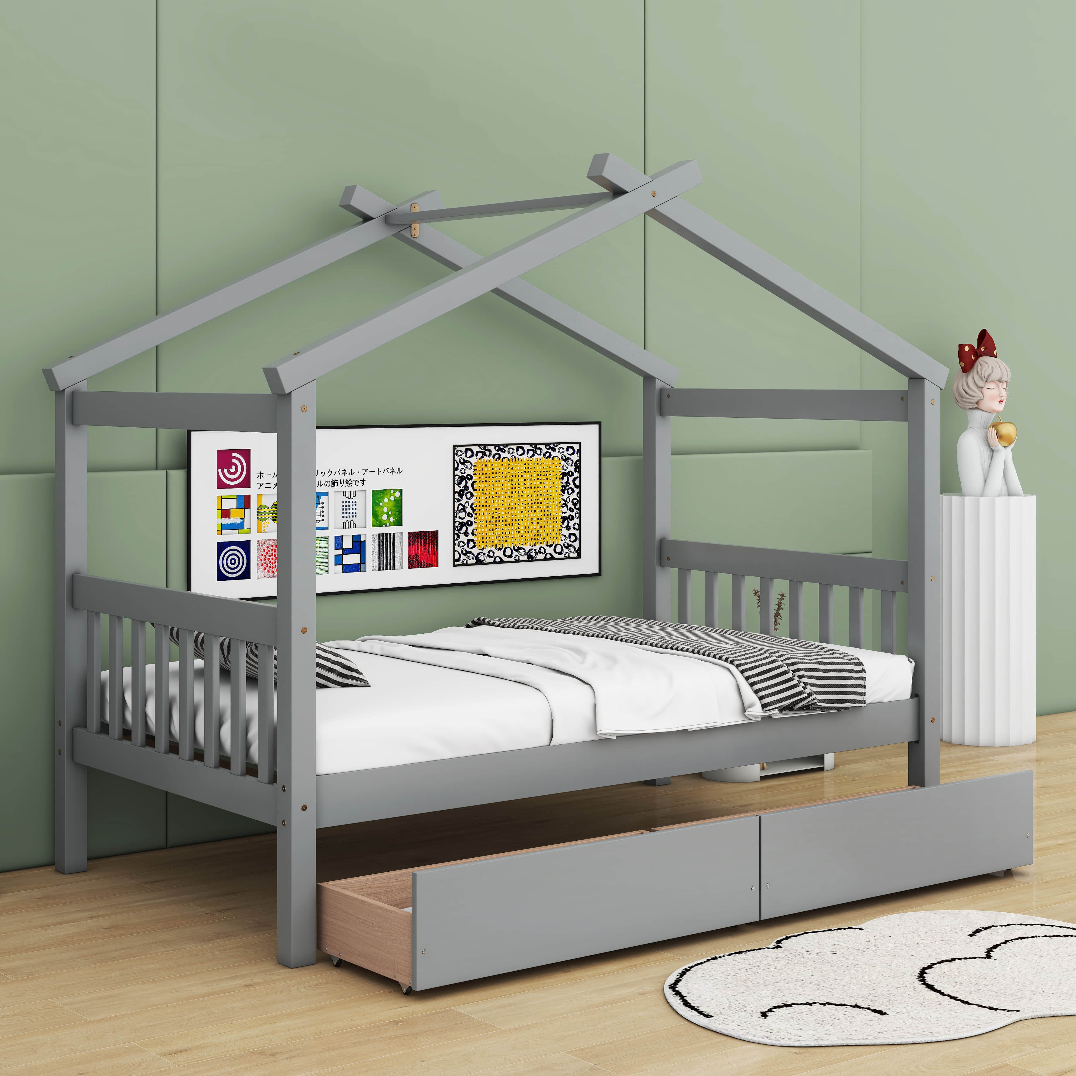Runforrrs Wooden Twin Size House Shape Platform Bed with 2 Drawers ...