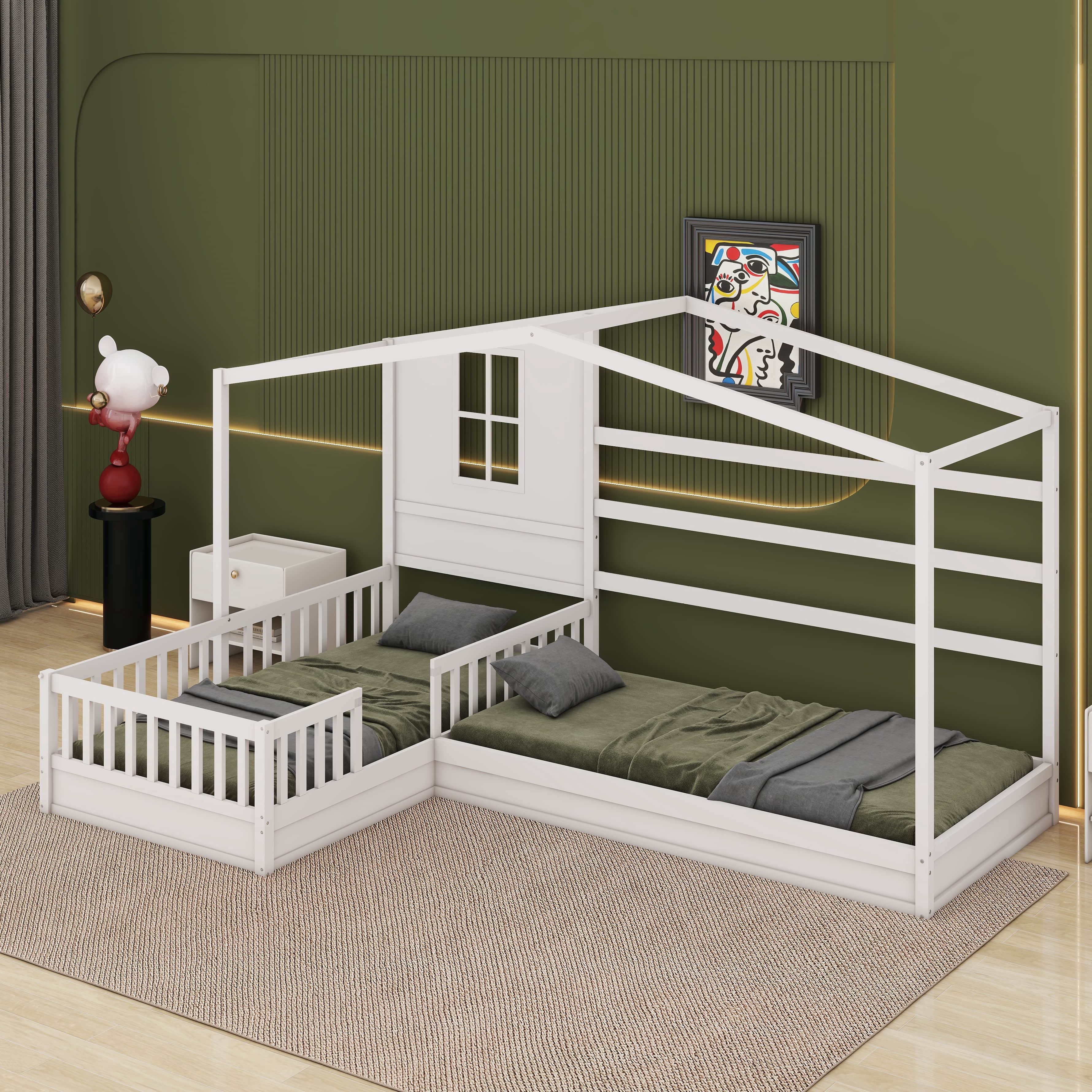 Runforrrs Wooden Twin Size L Structure House Bed, 2 Twin Solid Bed with ...