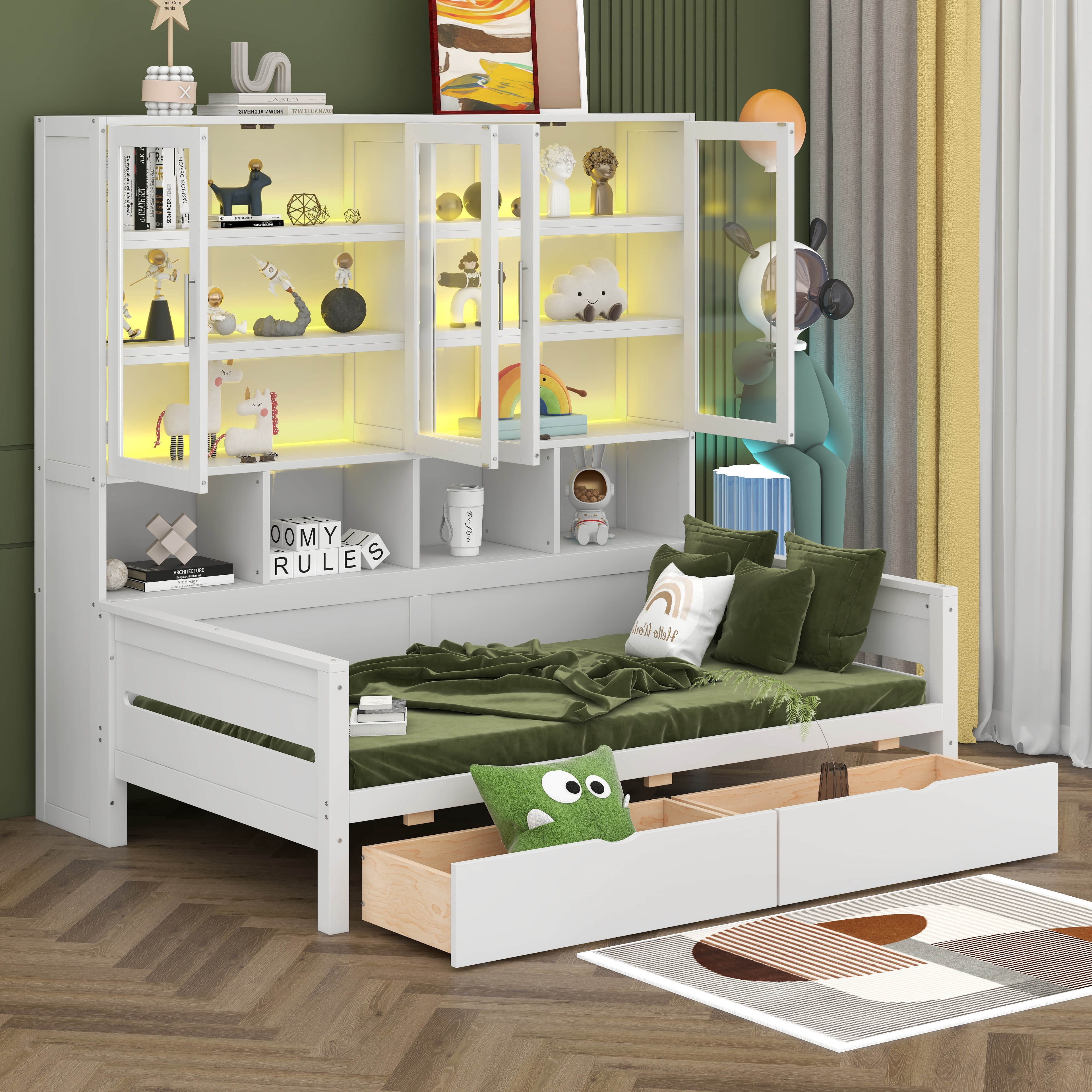 Runforrrs Wooden Twin Size White Color Daybed with Glass-Door Storage ...