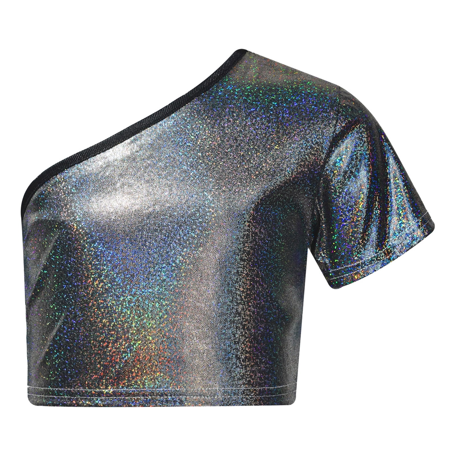 Runhomal Kids Girls One Shoulder Shiny Metallic Dance Crop Top Hip Hop ...