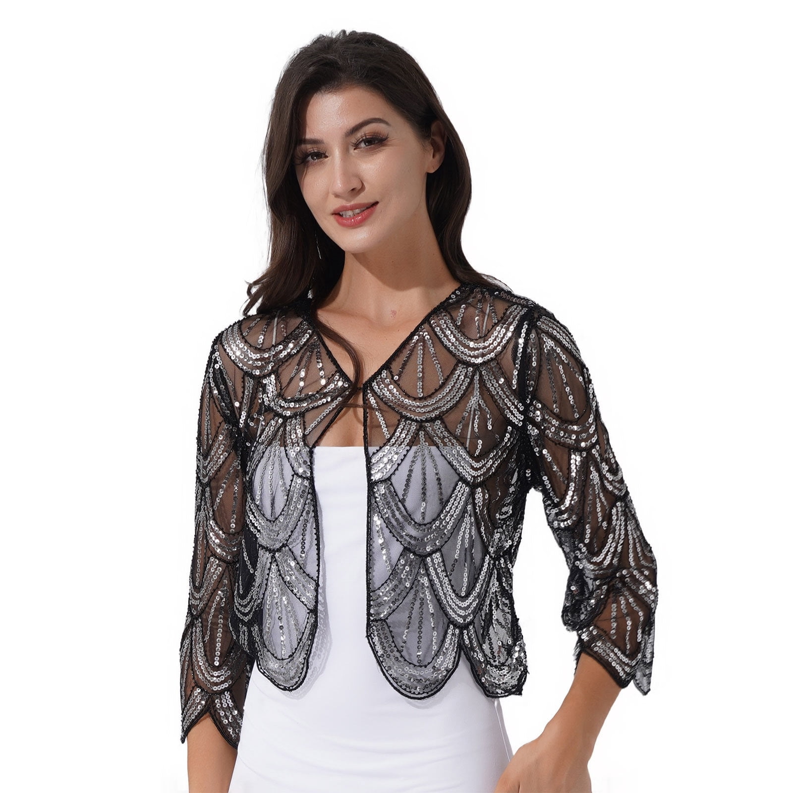 Runhomal Women's 1920s Shawl Bolero Shrug Sequined Art Deco Evening ...
