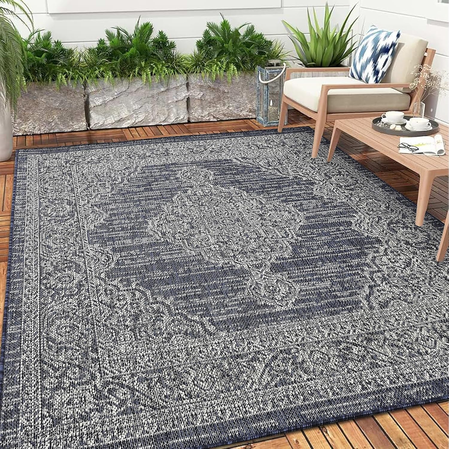 Runner Rug 4x5'3 Ft Indoor/Outdoor Rug Medallion Vintage Textured Weave ...