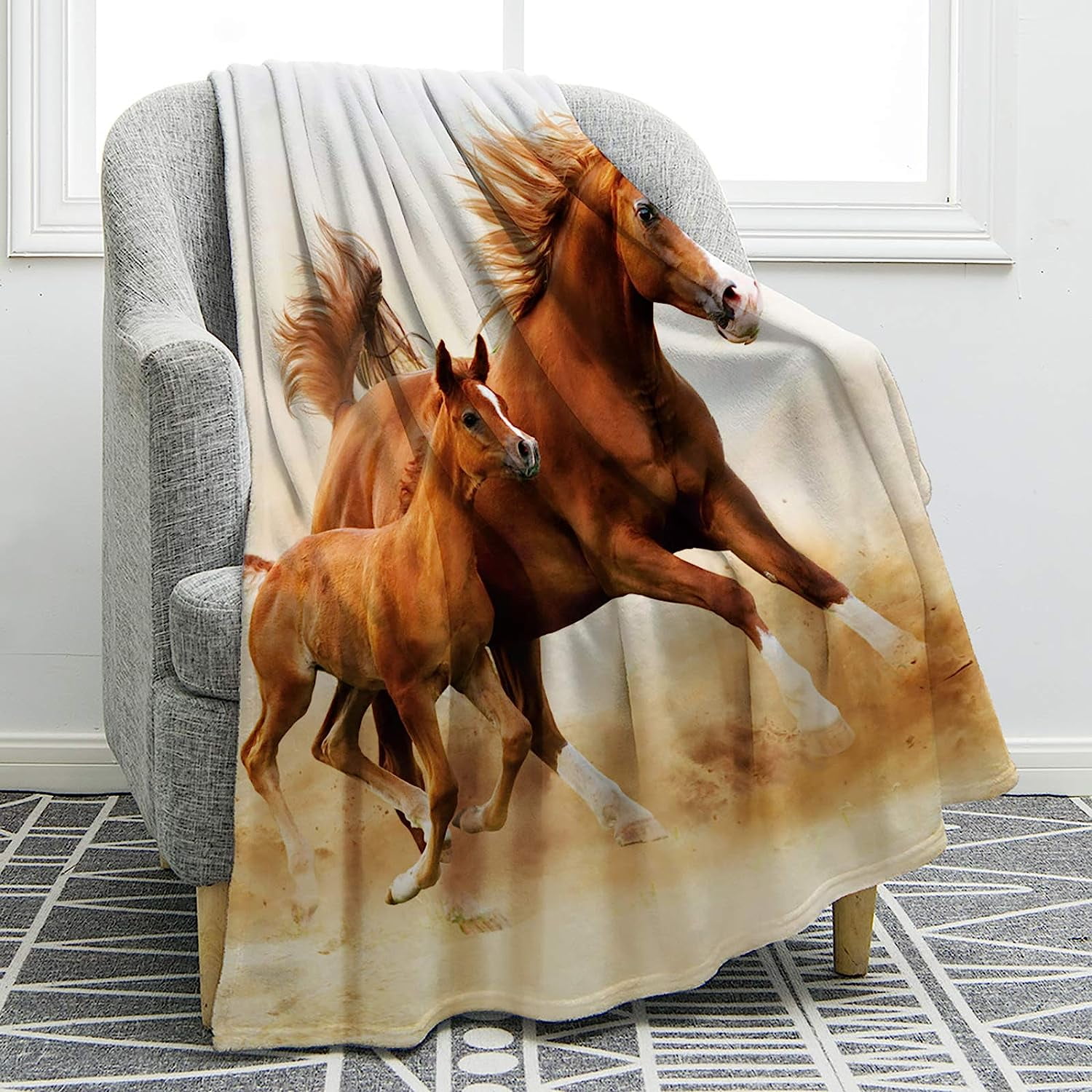 Running Brown Horse Blanket Print Throw Blanket Soft for Couch Sofa Bed ...