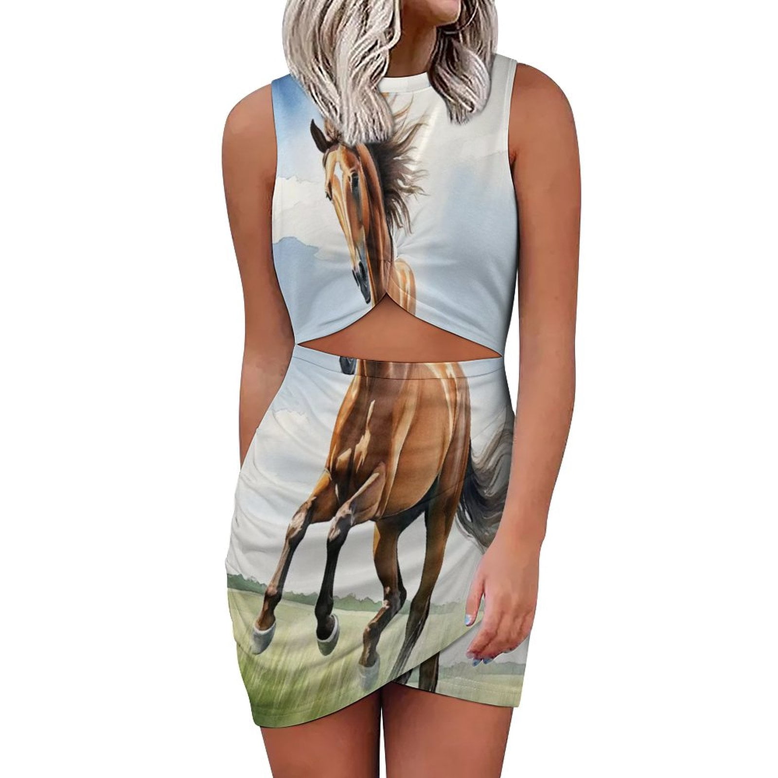 Running Horse Oil Painting Women's Crossover Slim Hip Dress Summer ...