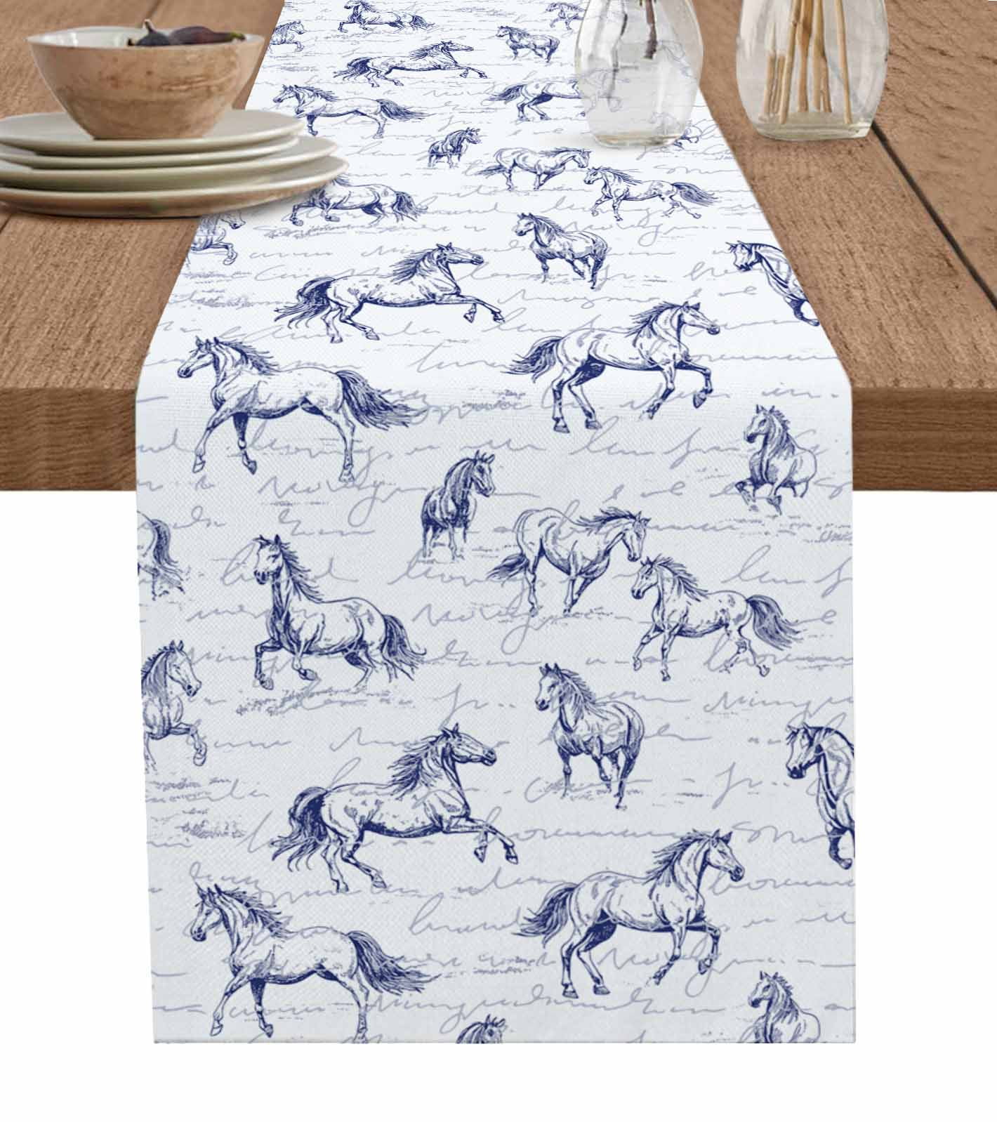 Running Horse Table Runner Retro Blue Minimalist Animal Sketch ...