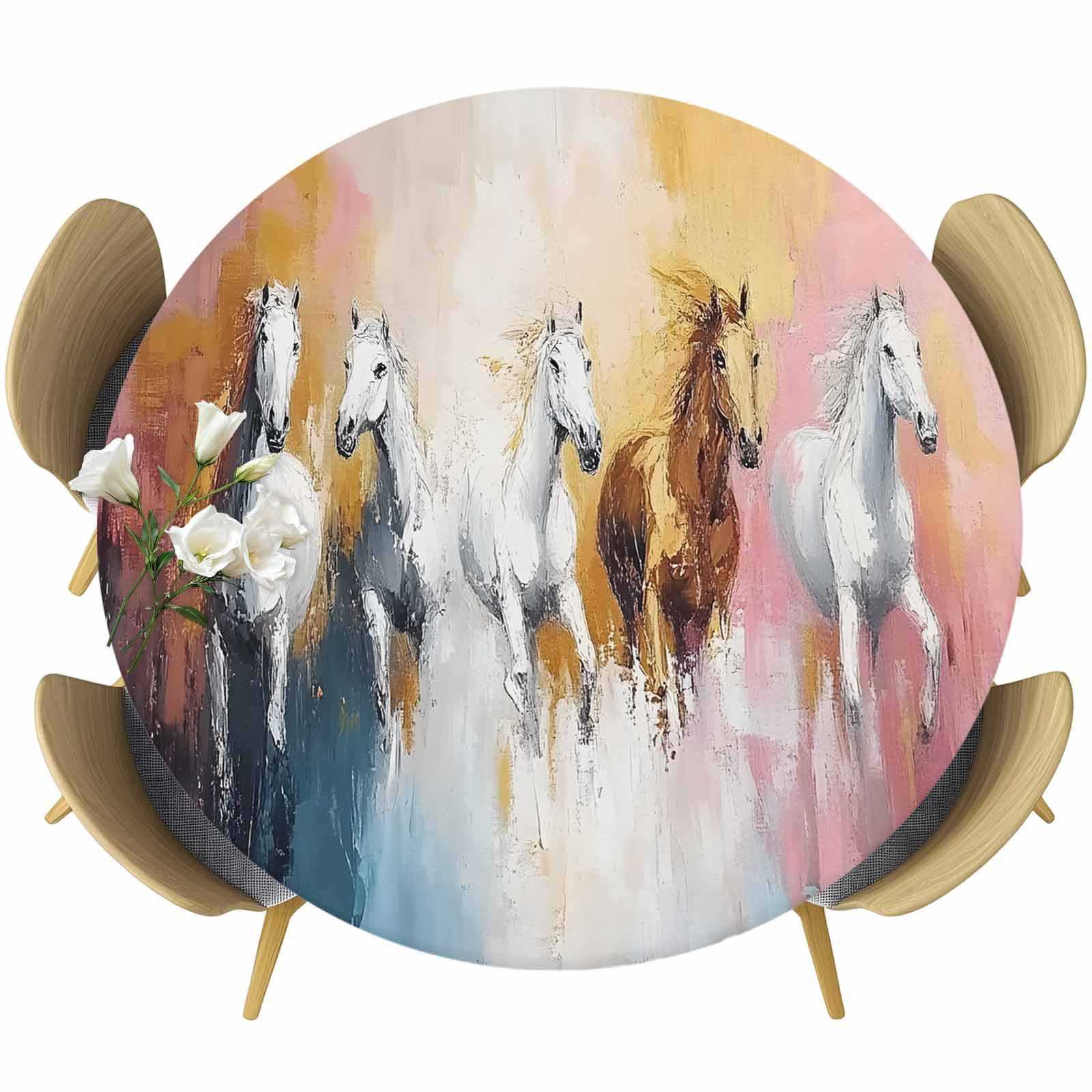 Running Horses Round Fitted Table Cover Animal Abstract Horse ...