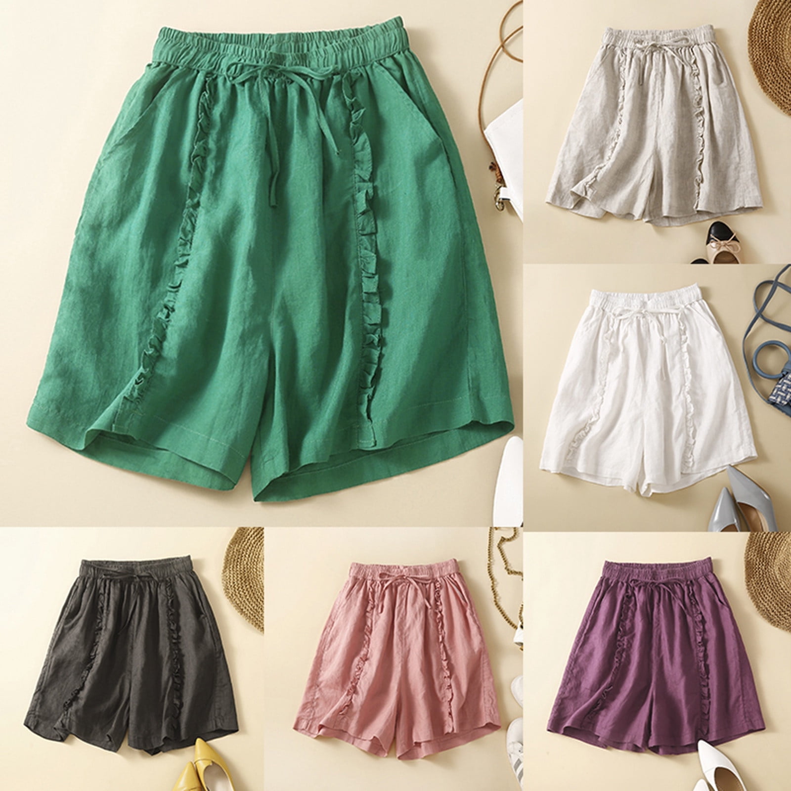 Running Shorts Summer Linen High Waist Wide Leg Shorts With Ruffled Hem ...