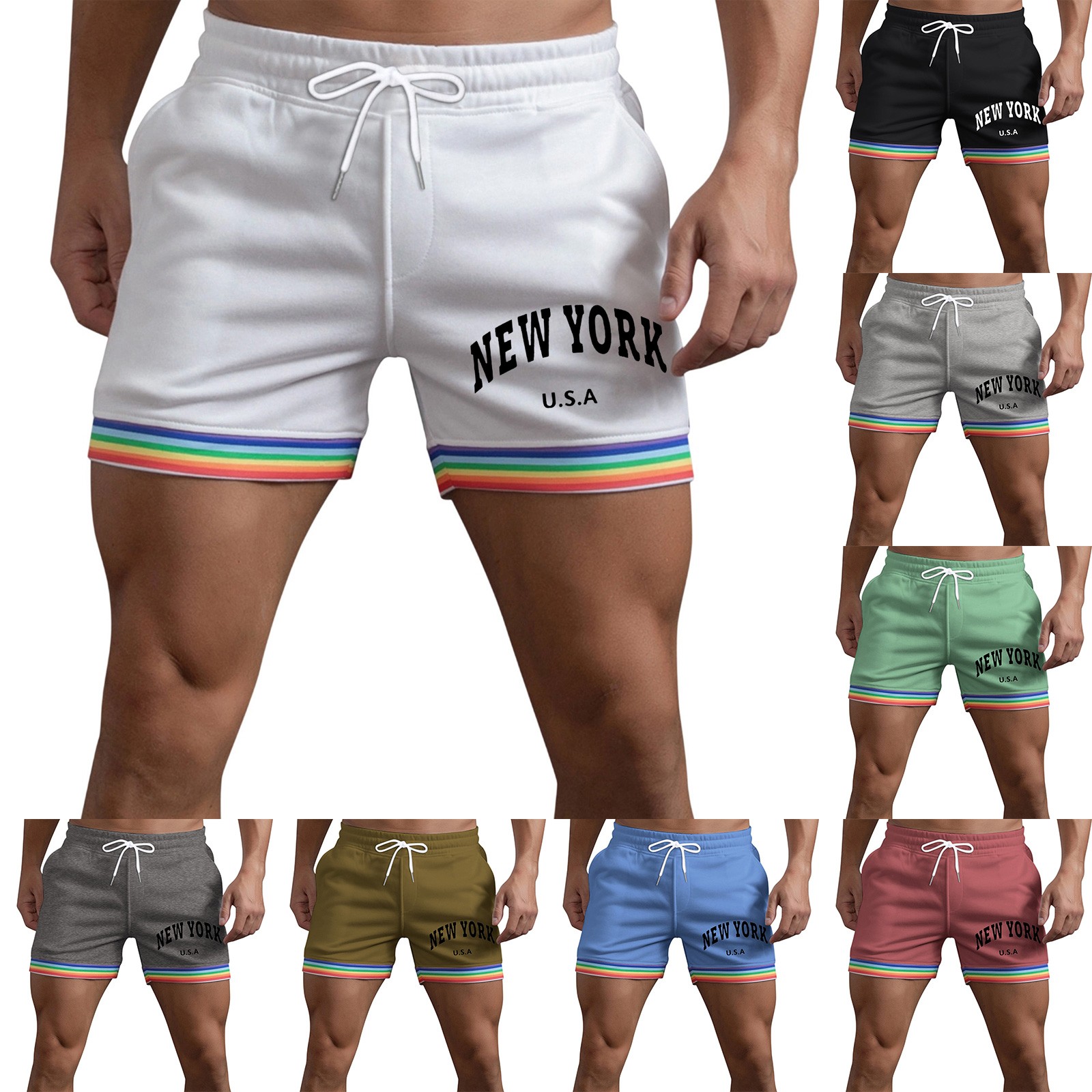 Running Shorts for Men Summer Solid Color Rainbow Pocket Drawstring ...
