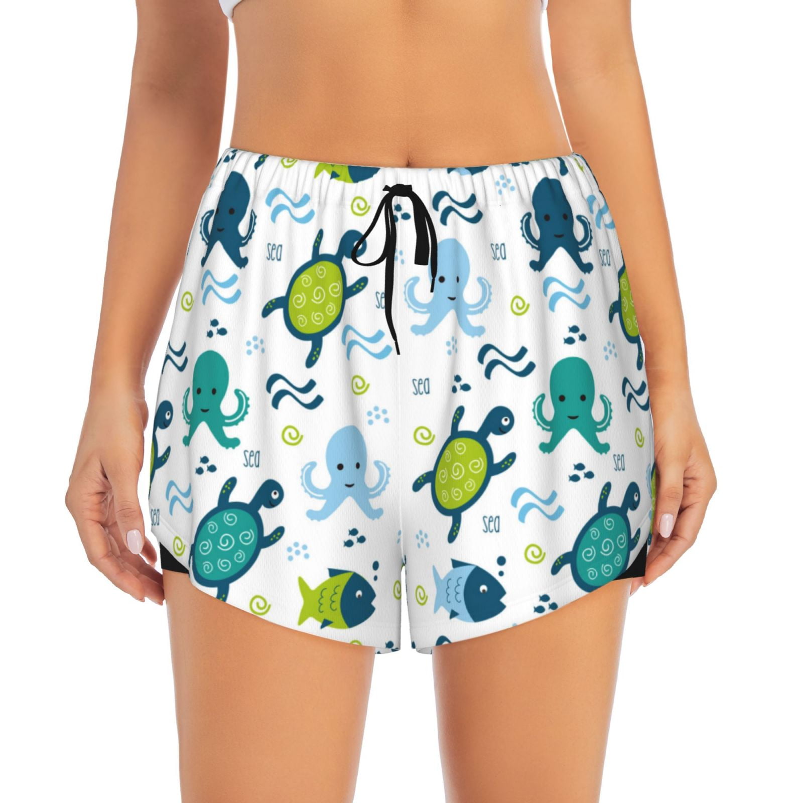 Running Shorts for Women Cartoon Sea creatures Gym Athletic Shorts with ...