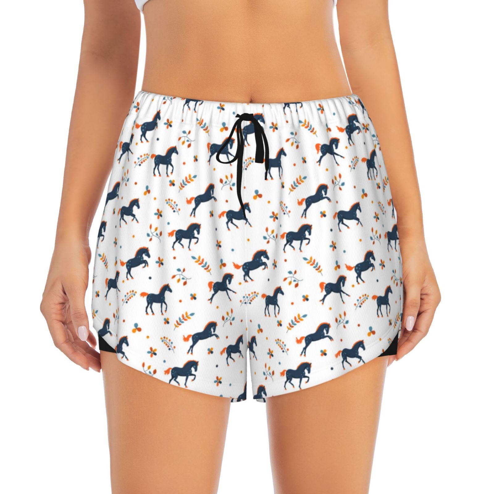 Running Shorts for Women, Cute Cartoon Horse Flower Leaves Workout ...