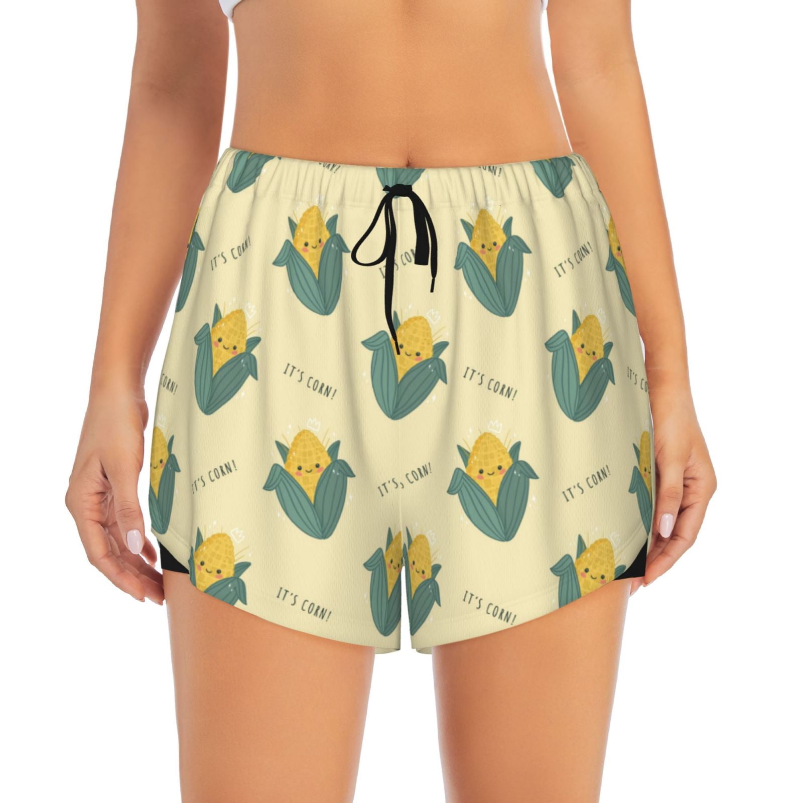 Running Shorts for Women - Cute Corn Pine Green Leaves Athletic Workout ...