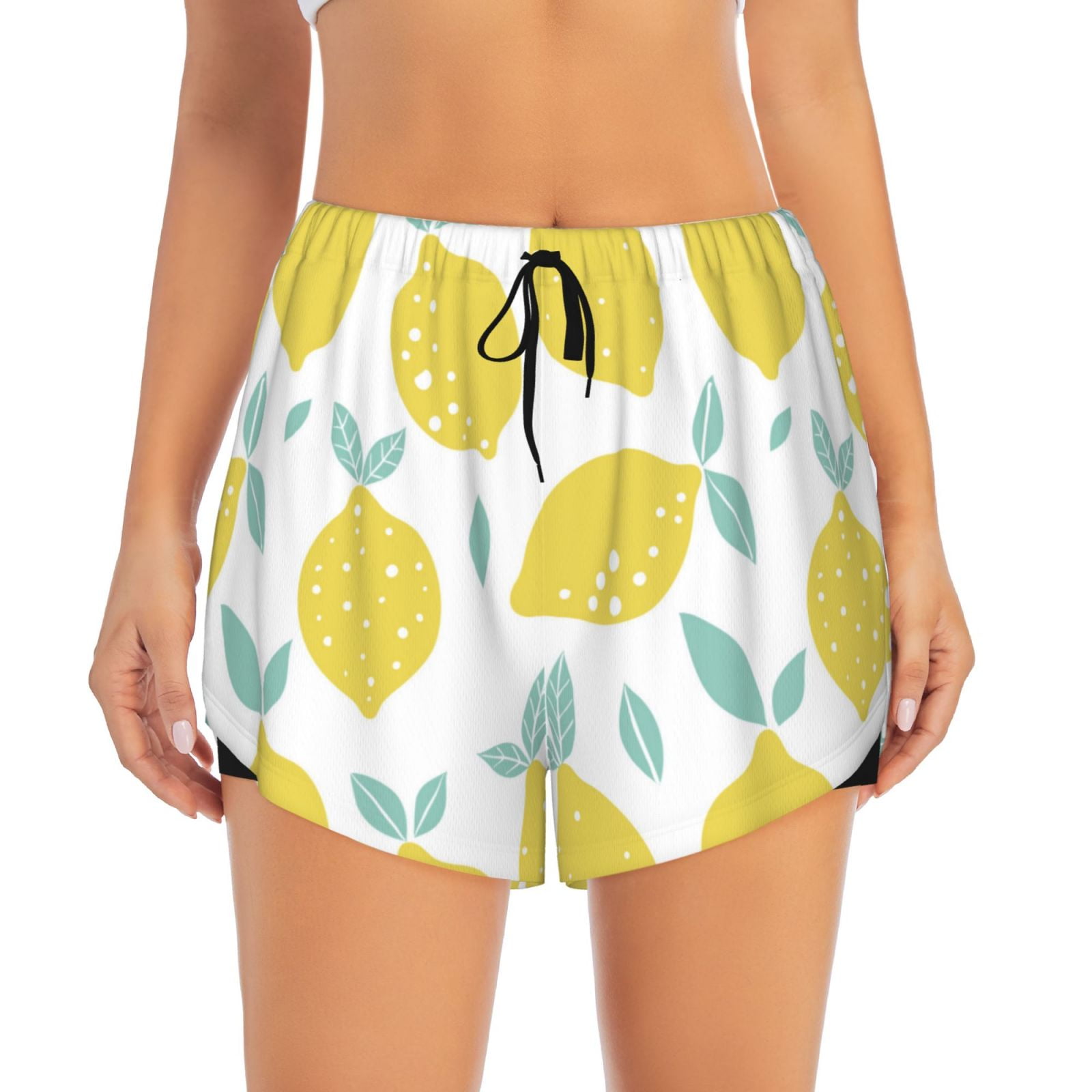 Running Shorts for Women, Cute Yellow Lemon Leaves Workout Athletic ...