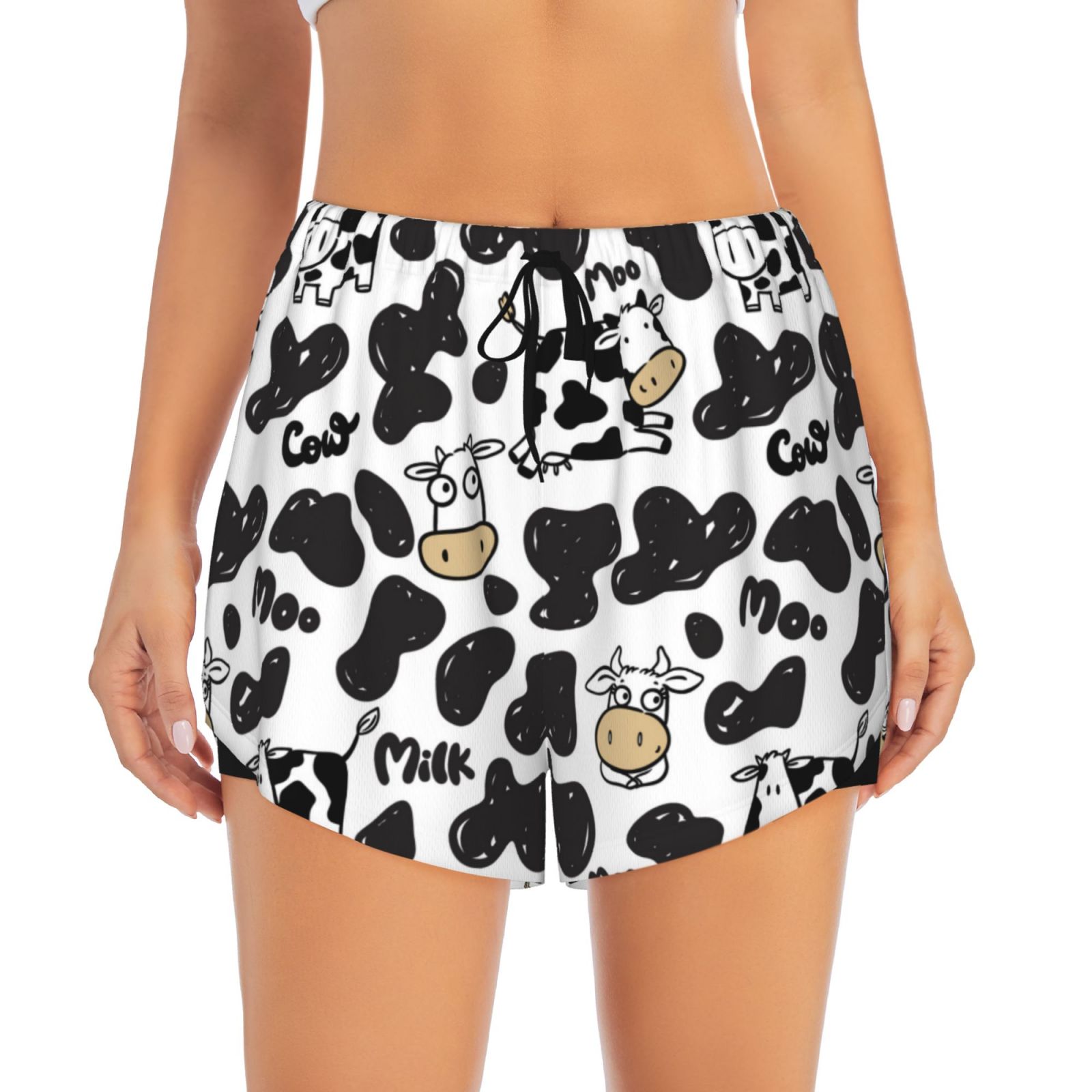 Running Shorts for Women, Edgy Cartoon Cute Cow Black White Workout ...