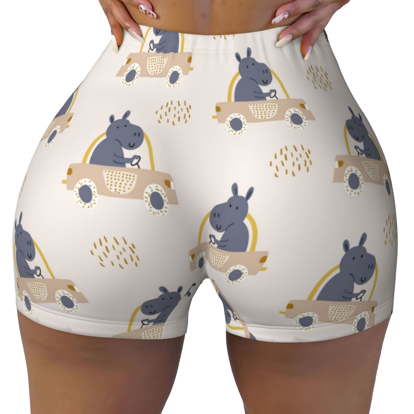 Running Shorts for Women, Hippos Driving A Car Yoga Gym Athletic Biker ...