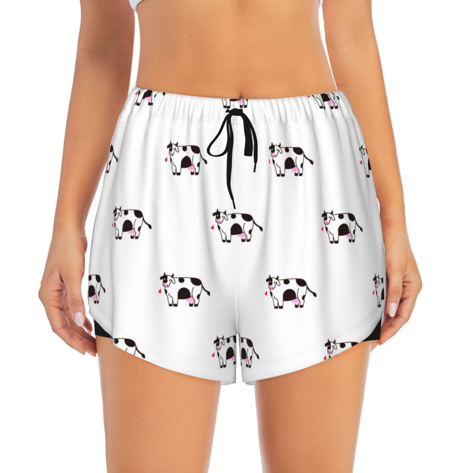 Running Shorts for Women Simple Cute Cartoon Cow Black White Gym ...