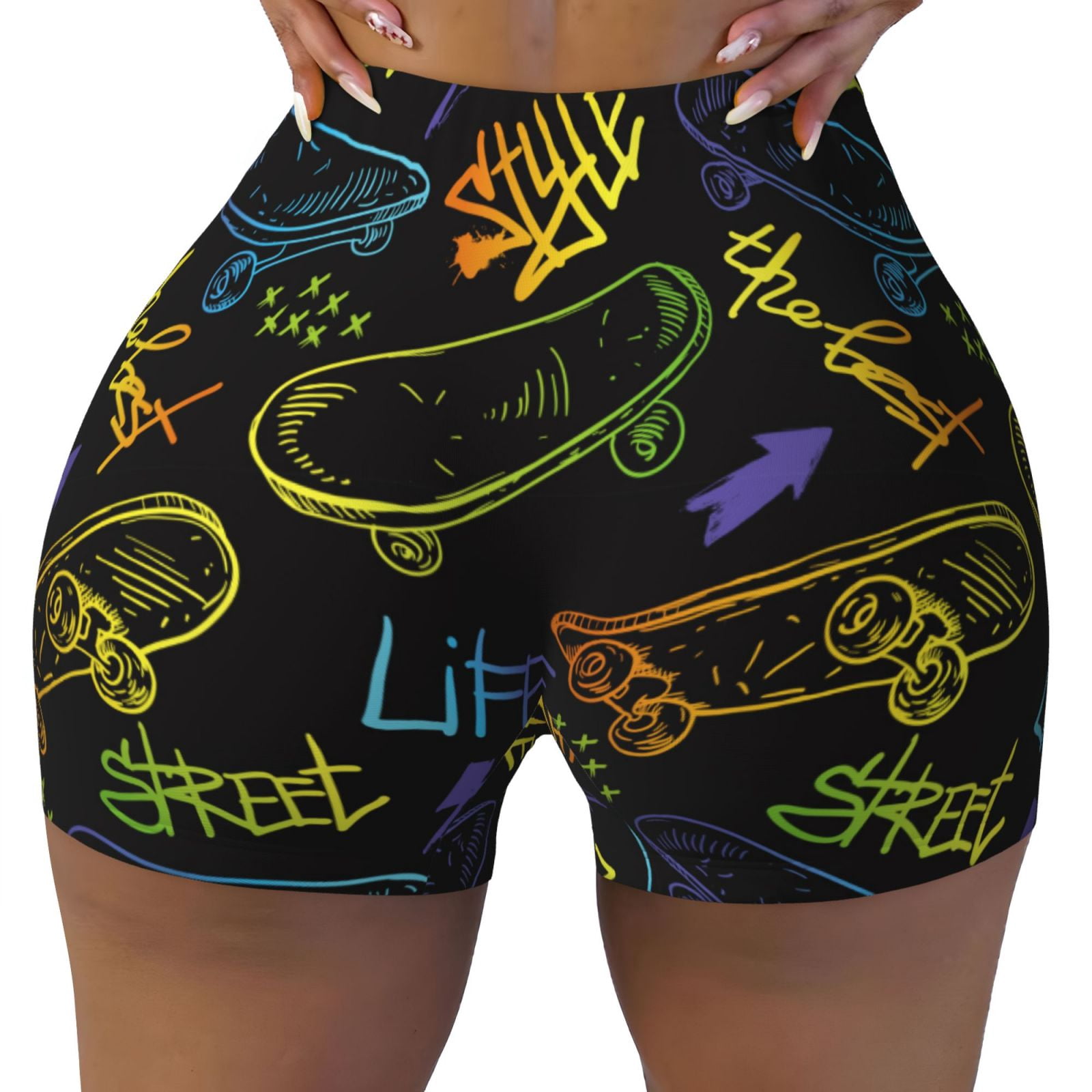 Running Shorts for Women, Technology Lines Skateboard Letters Yoga Gym ...