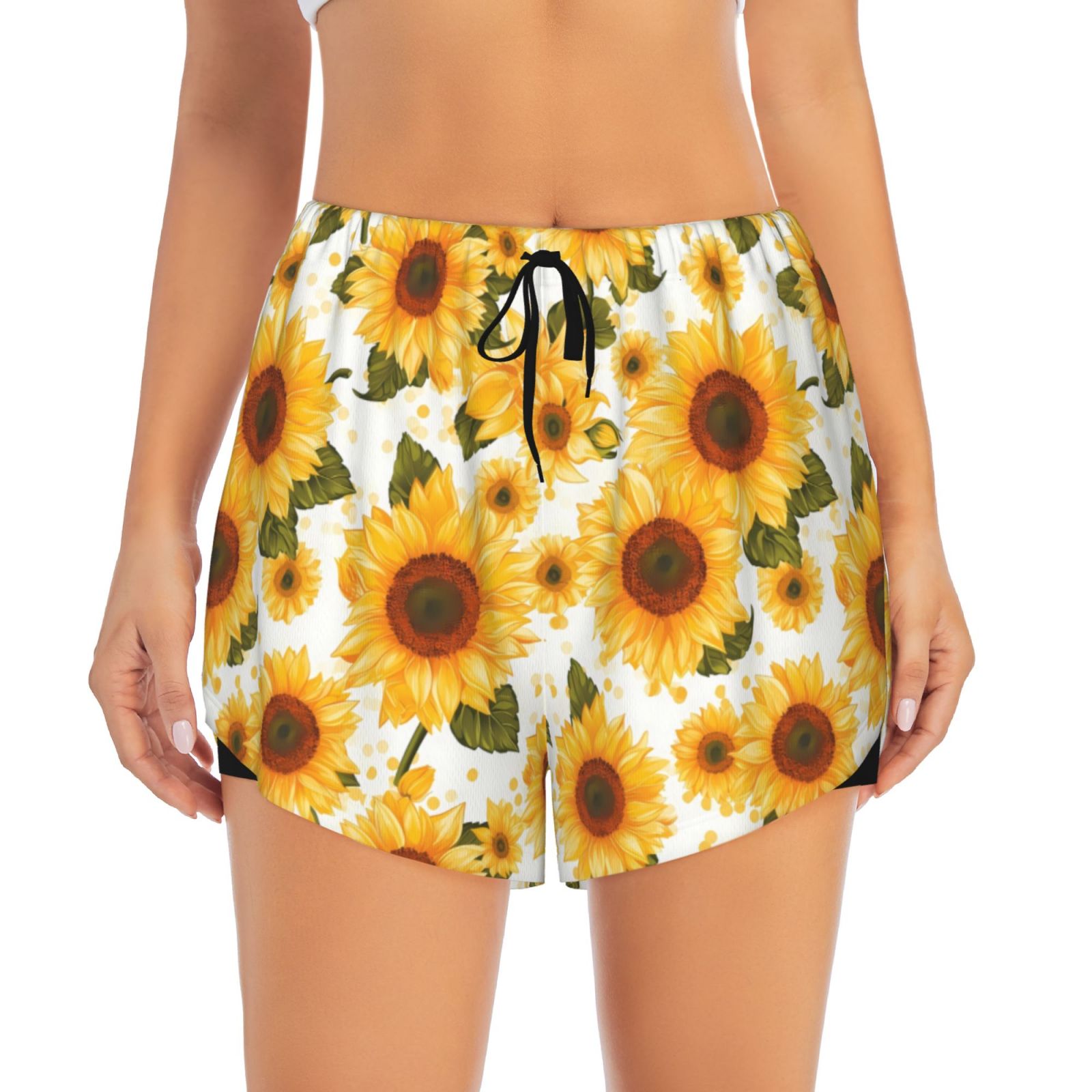 Running Shorts for Women, Yellow Polka Dot Sunflower Workout Athletic ...
