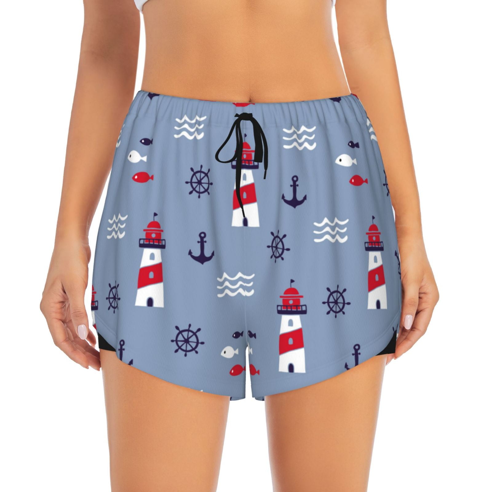 Running Shorts for Women retro lighthouses anchor fish cute Gym ...