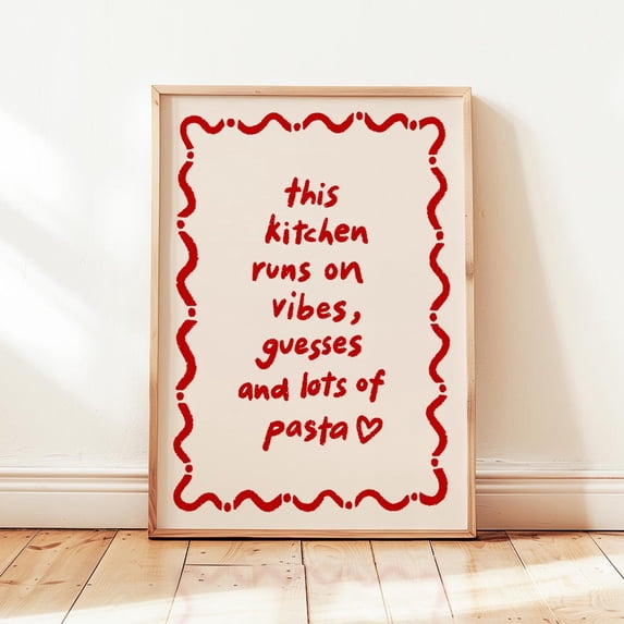Runs On Pasta Retro Print, Red Funny Kitchen Poster, Minimalist Chef ...