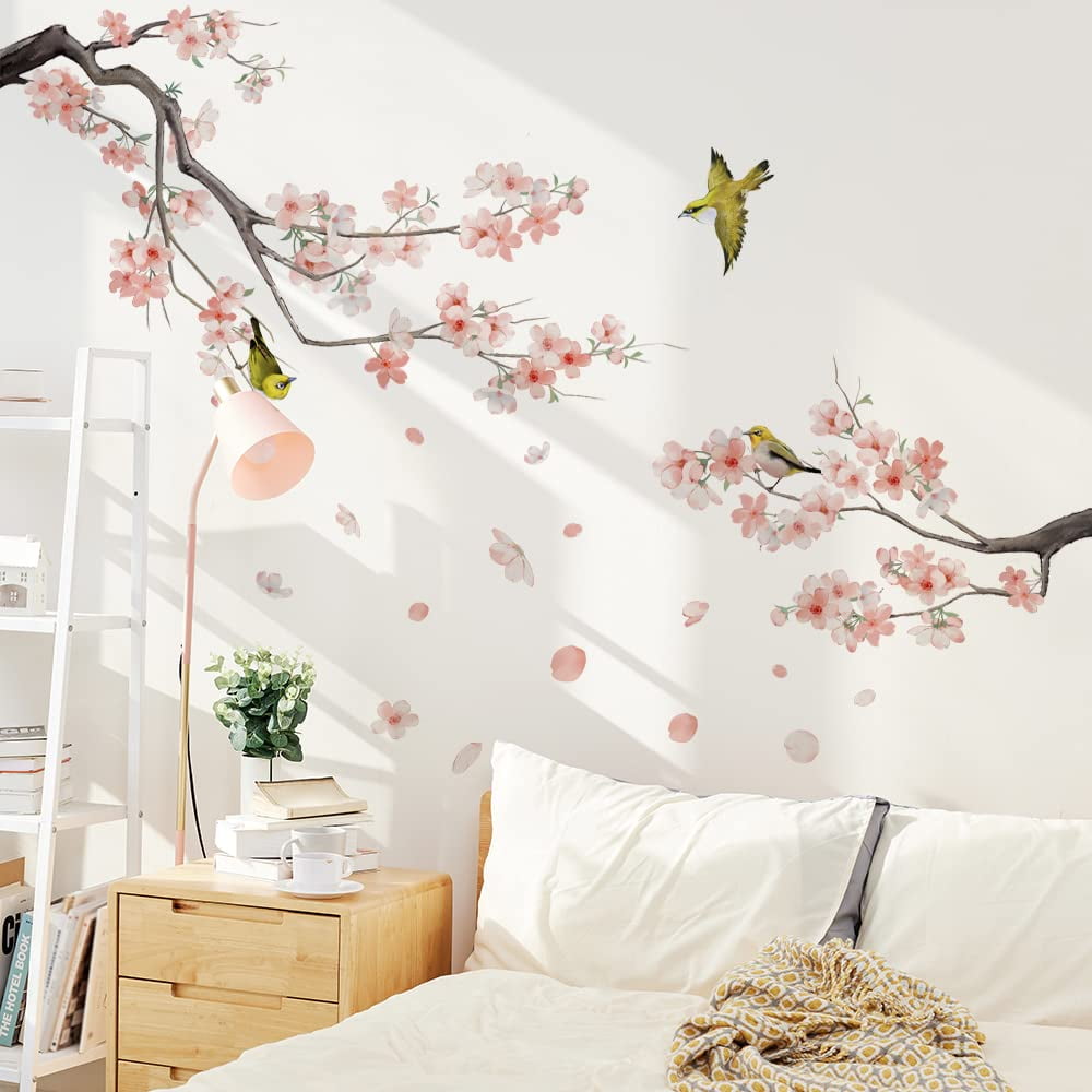 Runtoo Cherry Blossom Flower Wall Art Decals Bird Branch Floral Wall ...
