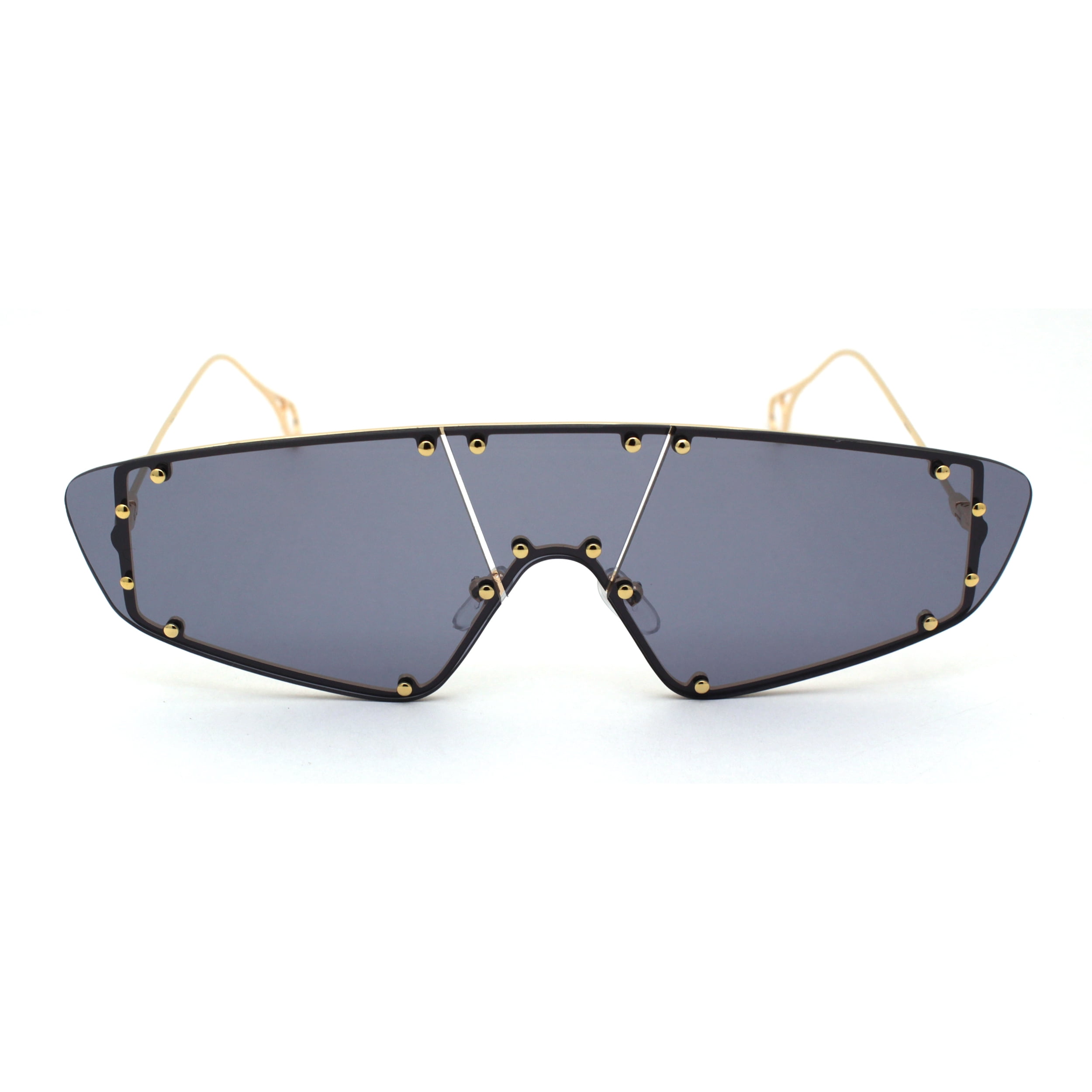 Runway Unique Metal Stud Shield Rimless Robotic Sunglasses Gold Black ...