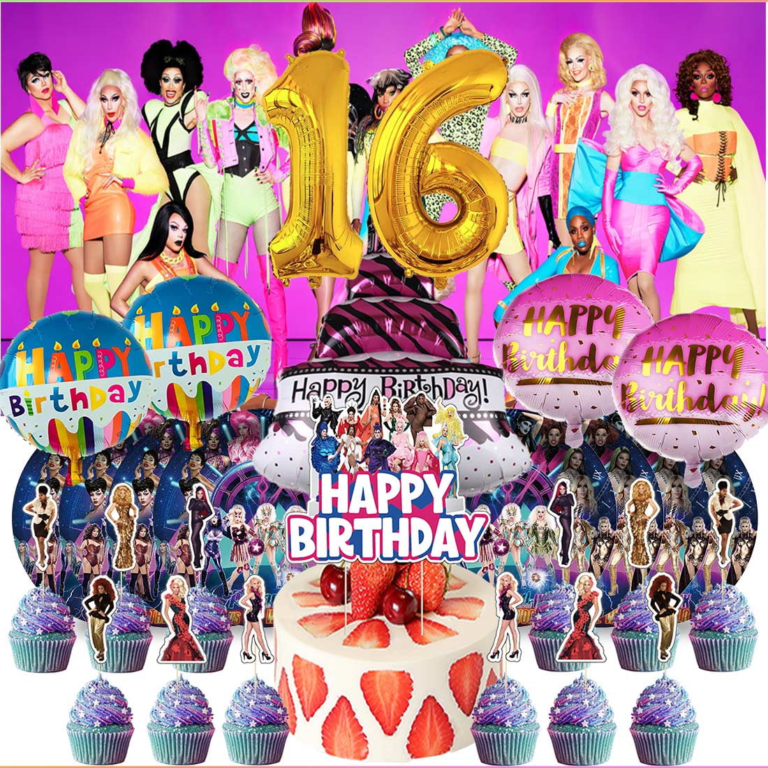 Rupaul 16th Tableware Balloons Cake Toppers Backdrop Banner Supplies ...