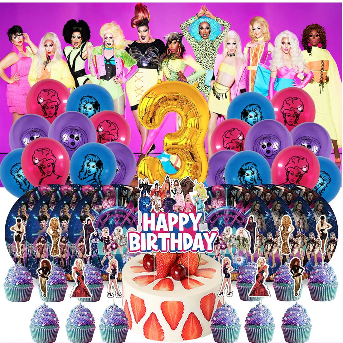 Rupaul Balloons Party Supplies 3rd Decor Tableware Birthday Cake Topper ...