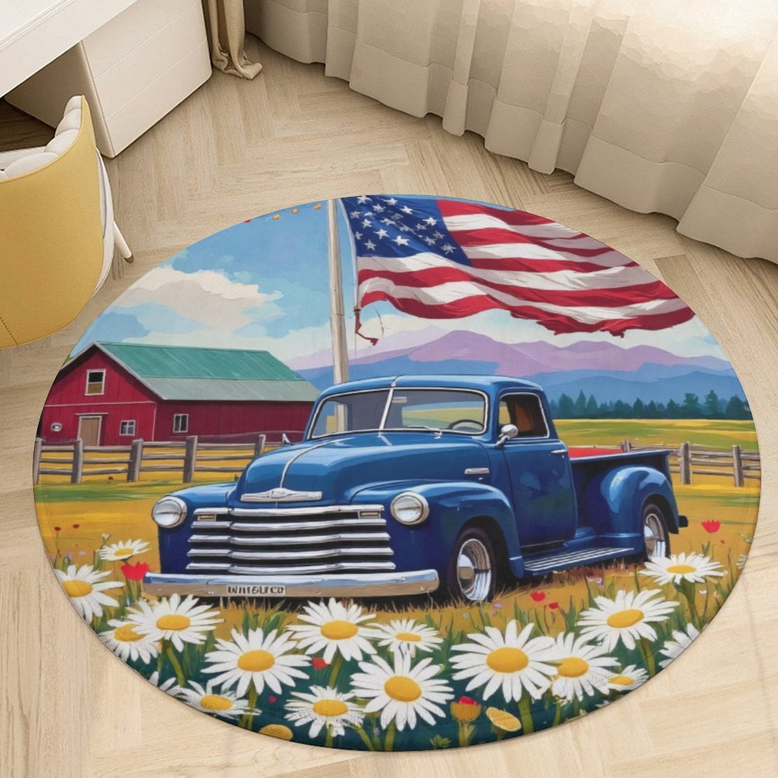 Rural Americana Pickup Truck Scene Round Area Rugs for Bedroom Living ...