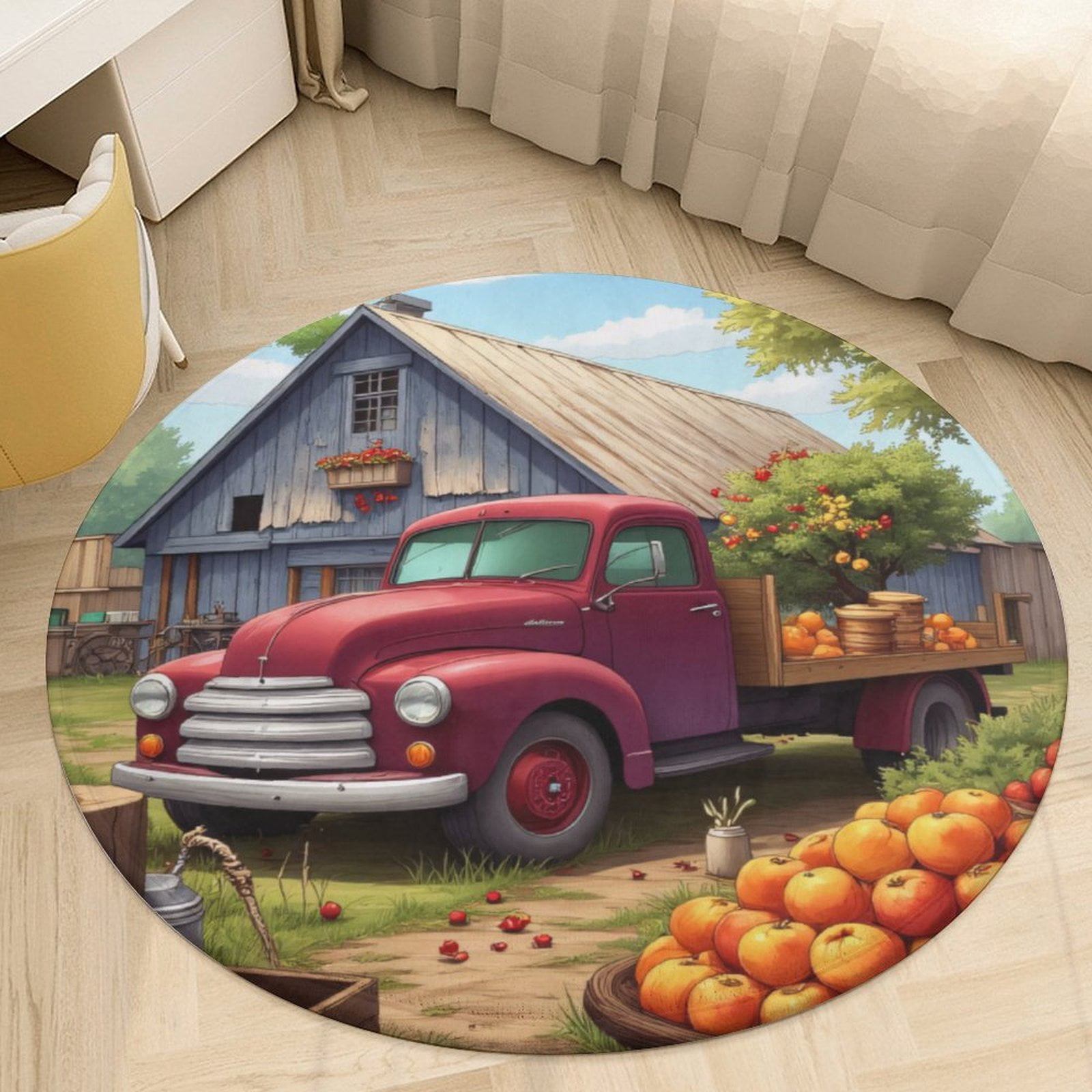 Rural Barn And Fruit Truck Round Area Rugs for Bedroom Living Room, 4FT ...
